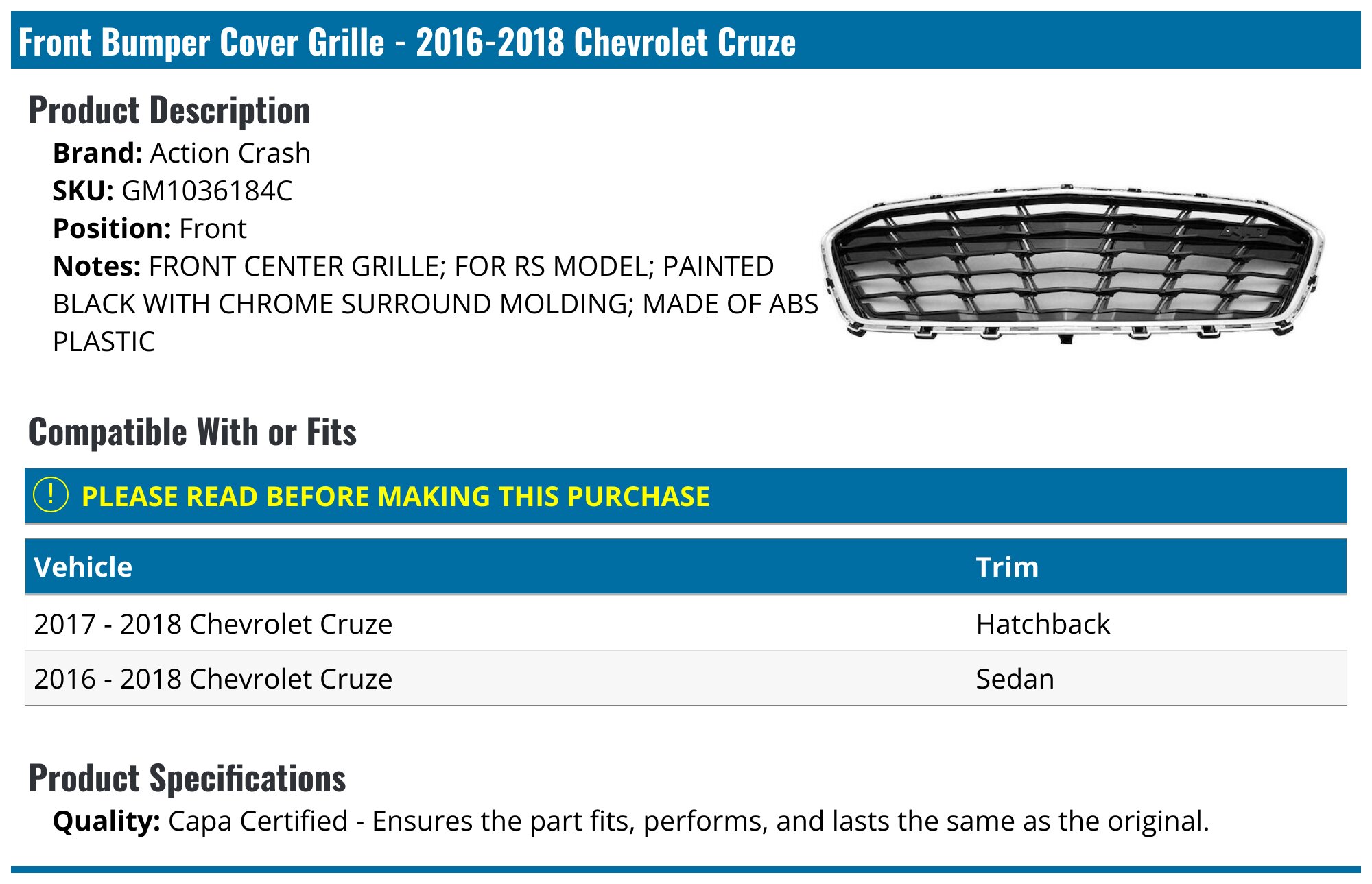 2016-2018 Chevrolet Cruze Bumper Cover Grille - Action Crash GM1036184C ...