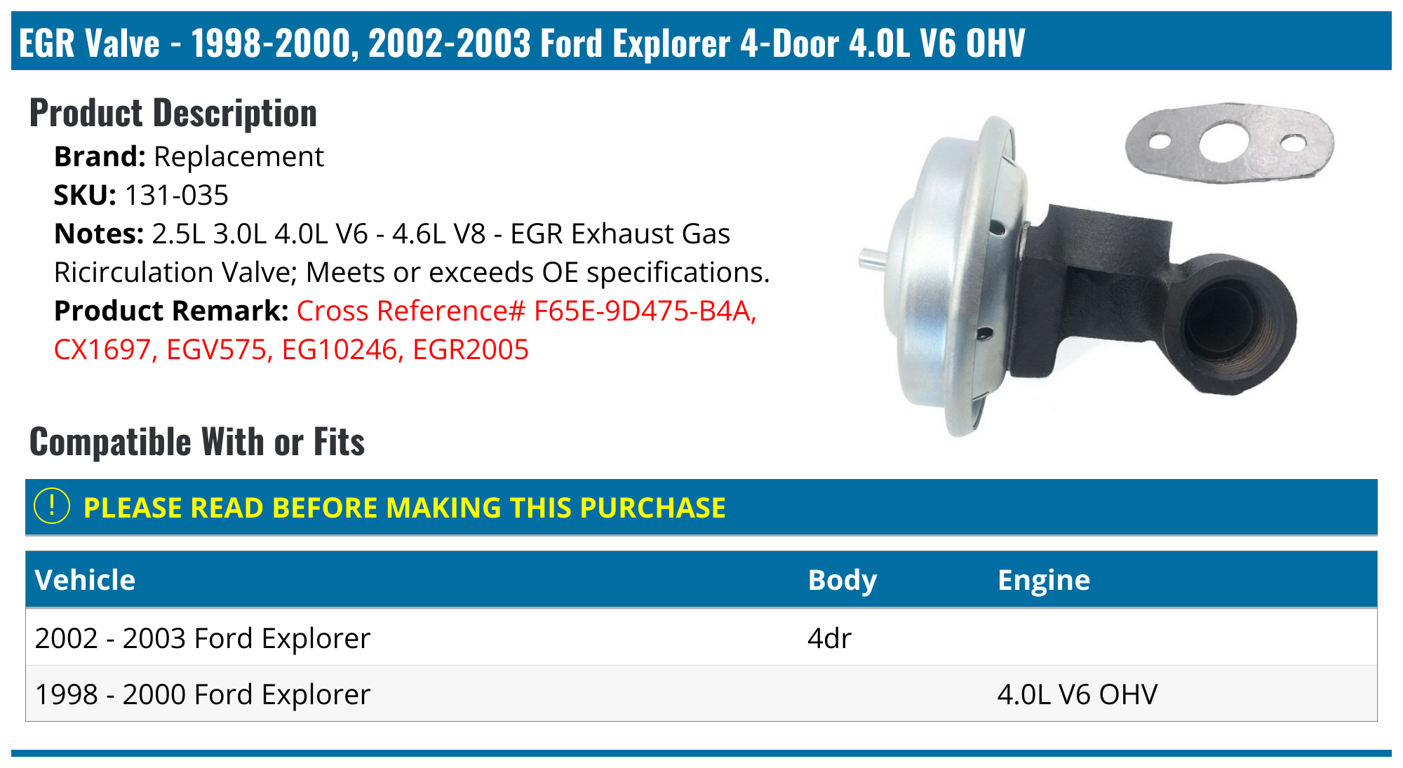 1998-2000, 2002-2003 Ford Explorer EGR Valve - Replacement 131-035 ...
