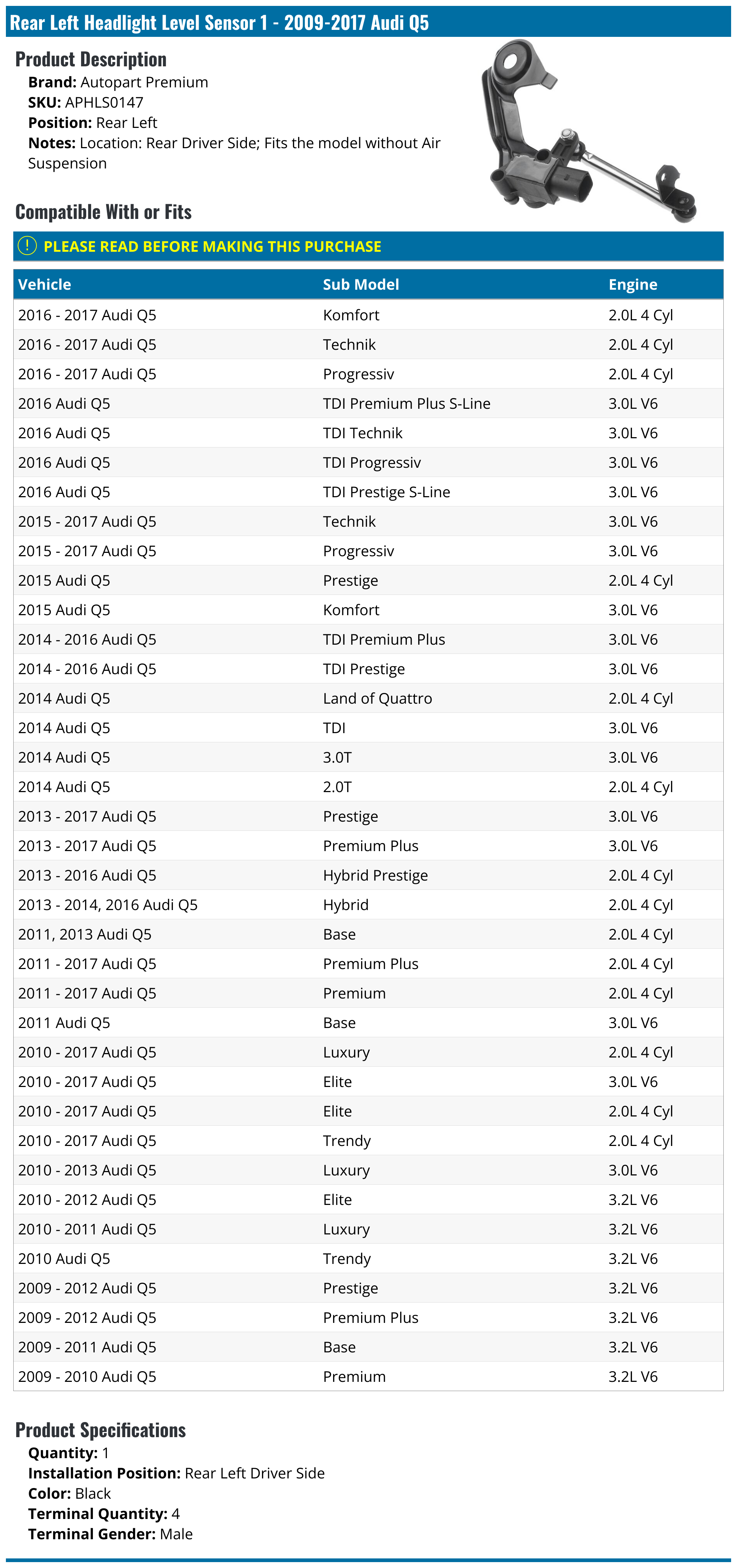 2009-2017 Audi Q5 Headlight Level Sensor - Autopart Premium APHLS0147 ...