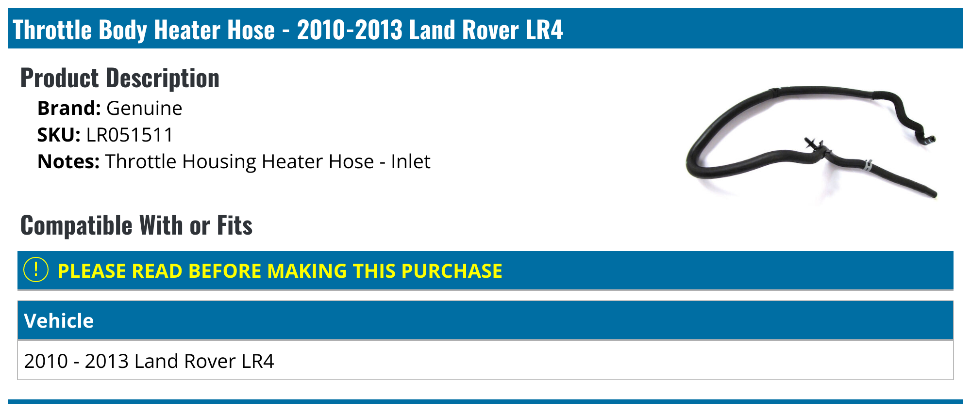 2010-2013 Land Rover LR4 Throttle Body Heater Hose - Genuine LR051511 ...