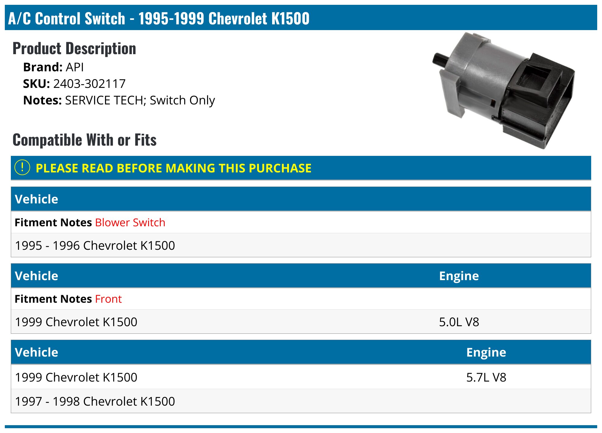 1995-1999 Chevrolet K1500 A/C Control Switch - API 3381-07811165 ...