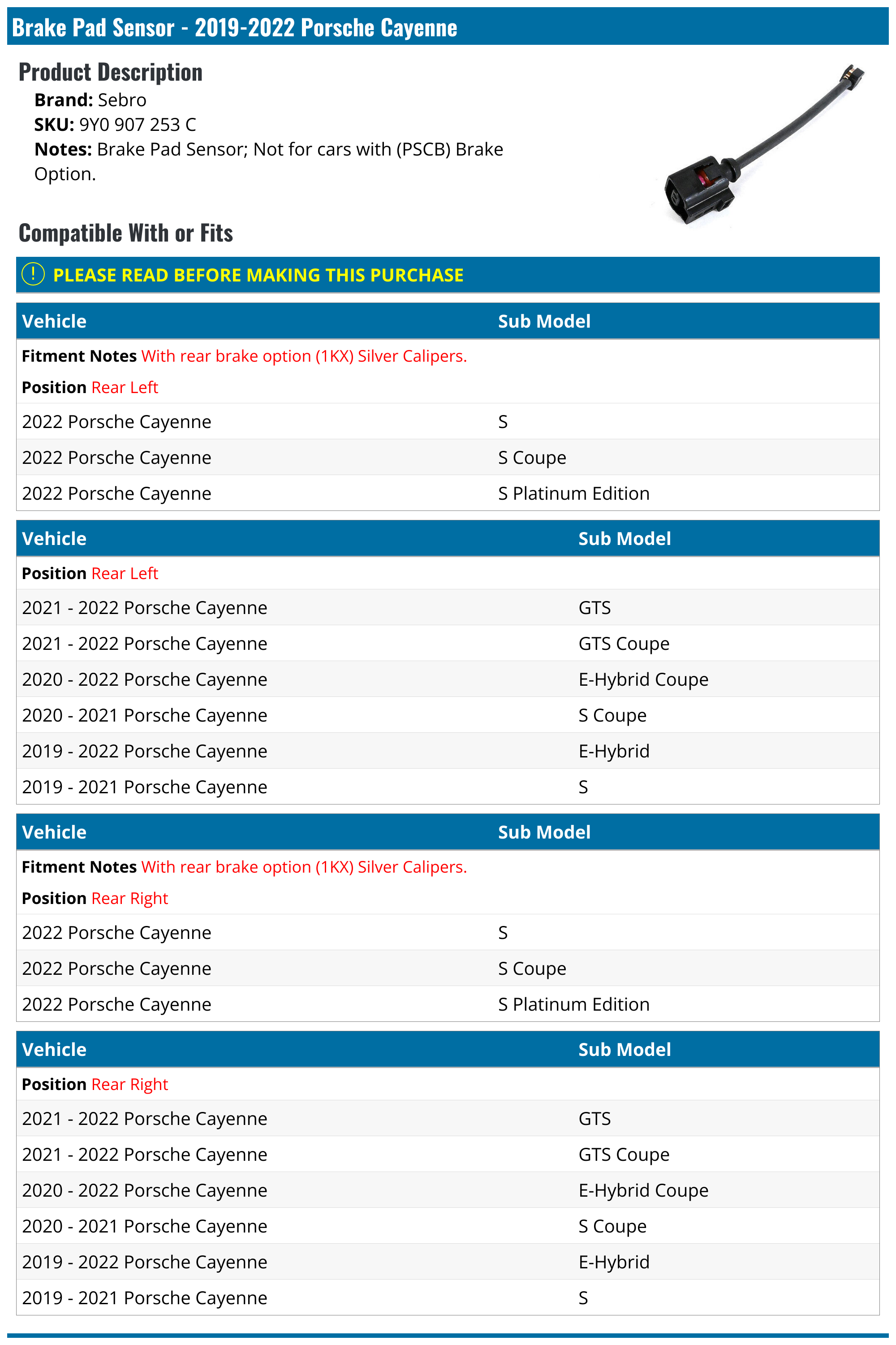 2019-2024 Porsche Cayenne Brake Pad Sensor - Sebro 9Y0 907 253 C - Rear ...