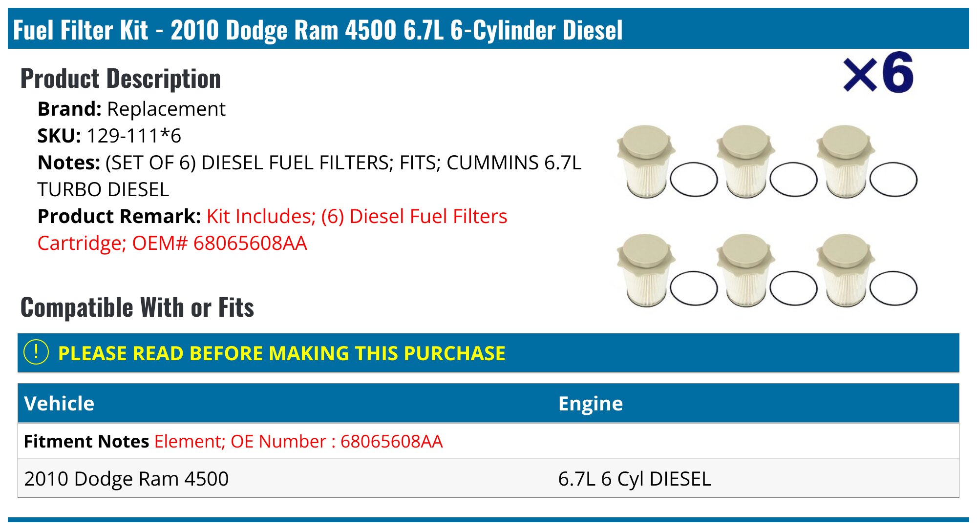 2010 Dodge Ram 4500 Fuel Filter - Replacement 129-111*6 - PartsGeek.com