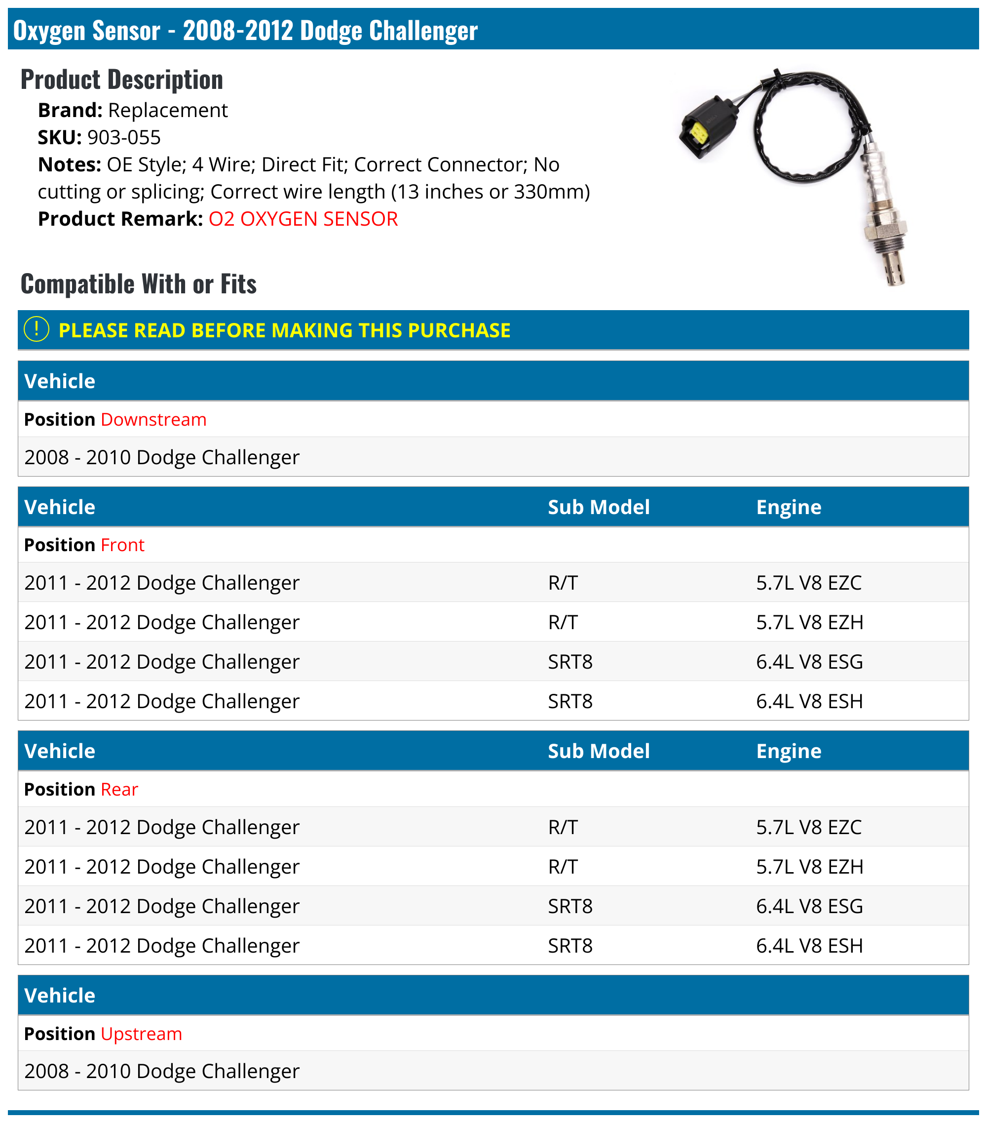 2008-2012 Dodge Challenger Oxygen Sensor - Replacement 903-055 ...