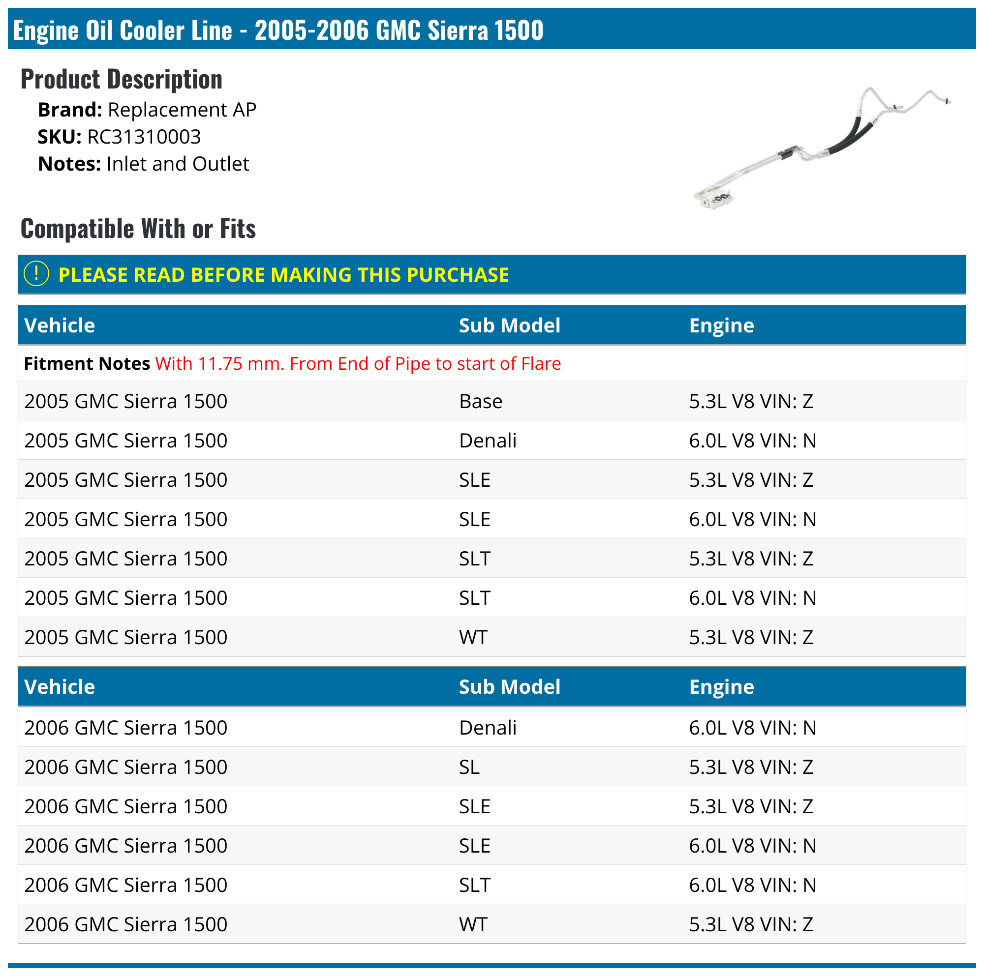 2005-2006 GMC Sierra 1500 Oil Cooler Hose - Replacement AP RC31310003 ...