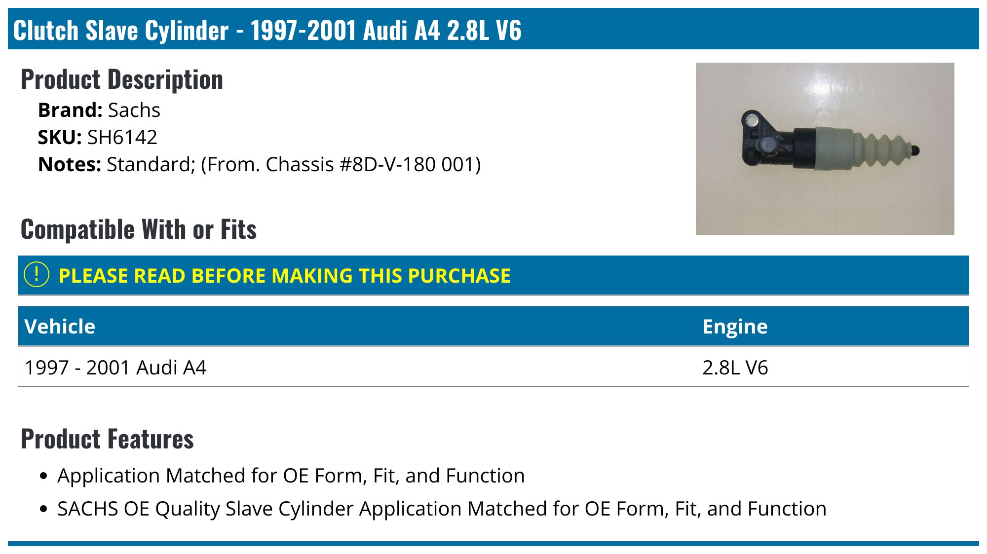 1997-2001 Audi A4 Clutch Slave Cylinder - Sachs SH6142 - PartsGeek.com