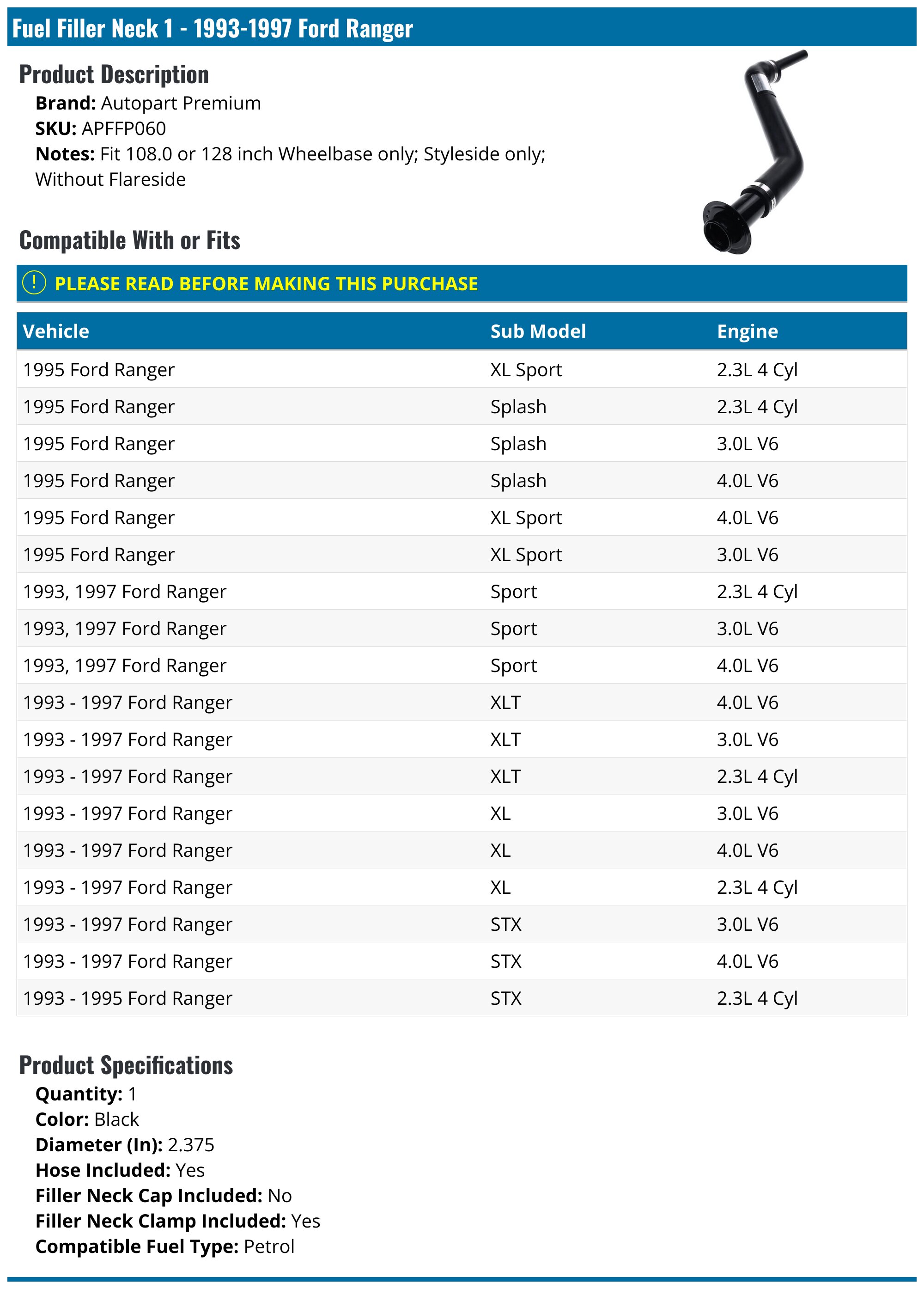 1993-1997 Ford Ranger Fuel Filler Neck - Autopart Premium APFFP060 ...