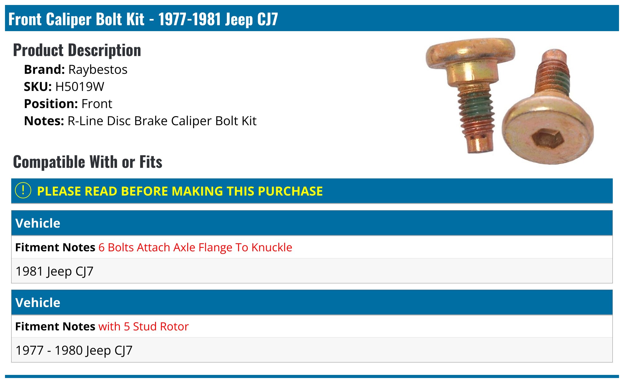 1977-1981 Jeep CJ7 Caliper Bolt - Raybestos H5019W - Front - PartsGeek.com