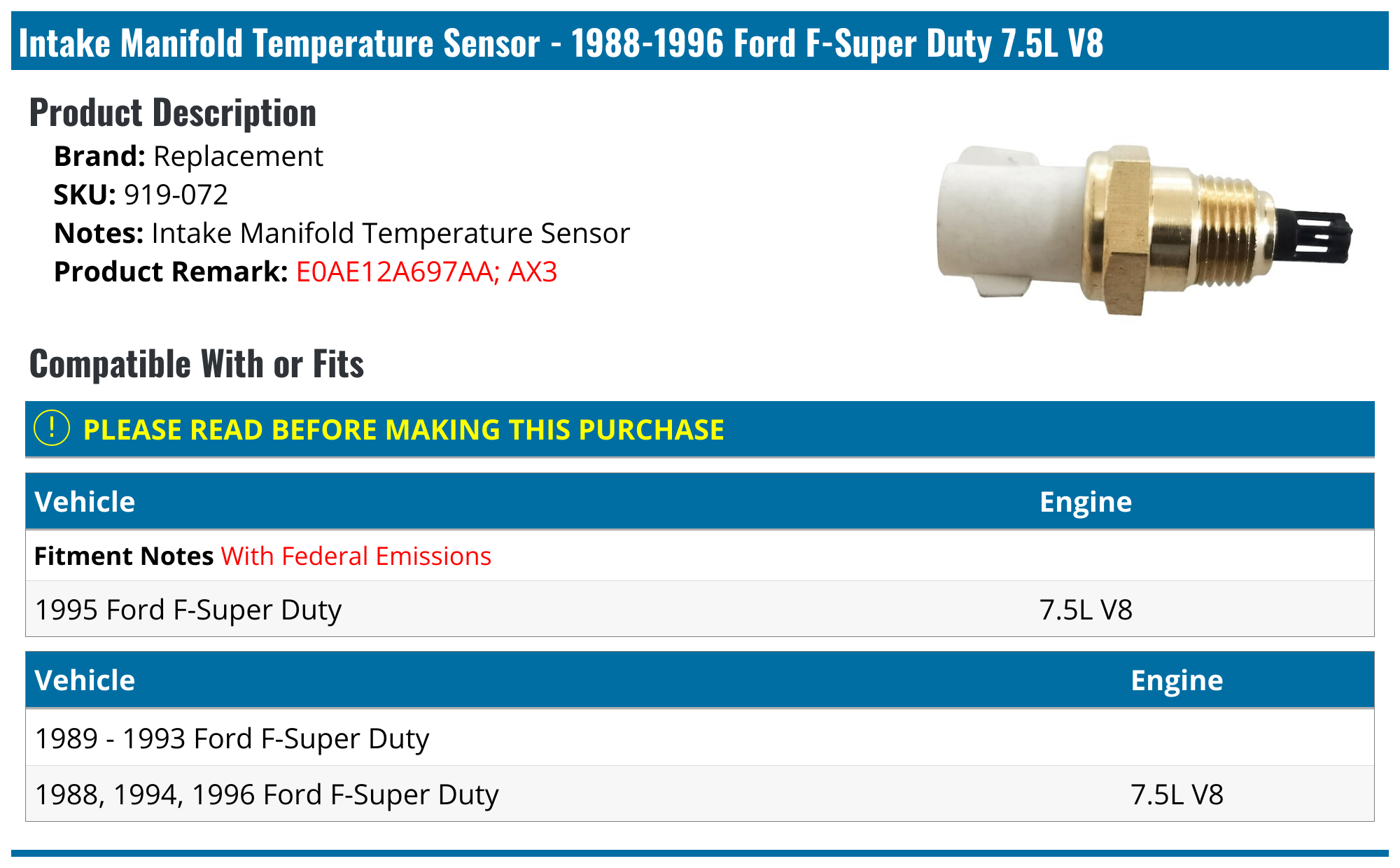 1988-1996 Ford F-Super Duty Intake Manifold Temperature Sensor ...
