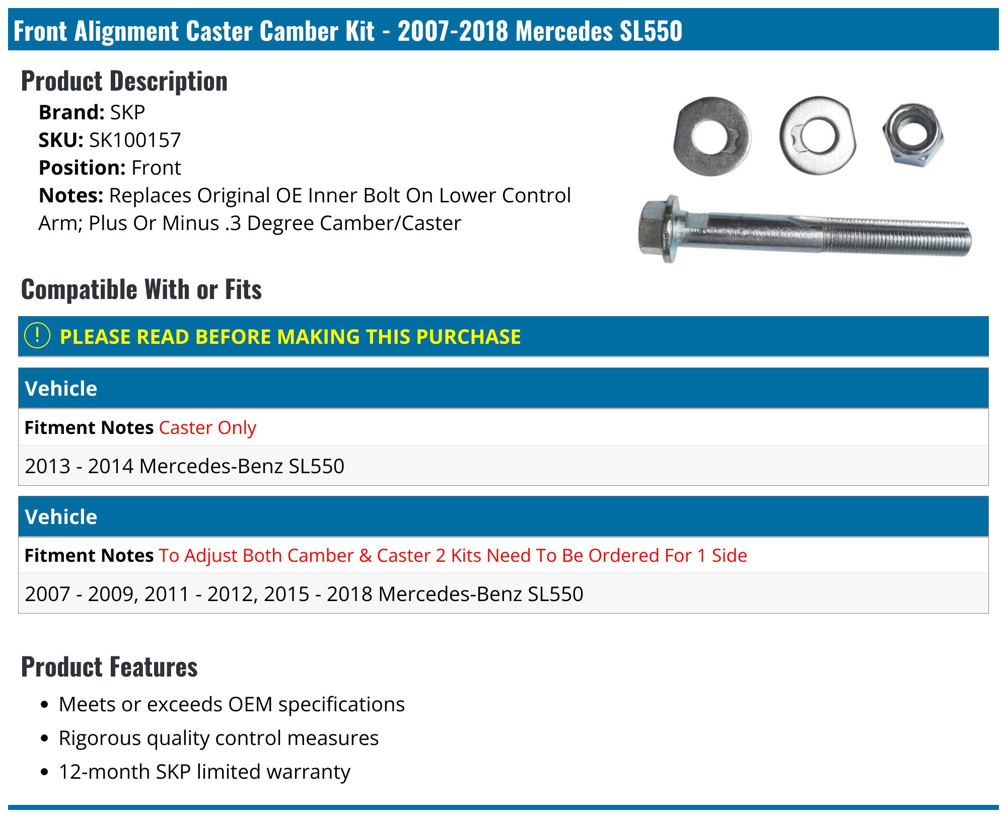2007-2018 Mercedes SL550 Alignment Caster Camber Kit - SKP SK100157 ...
