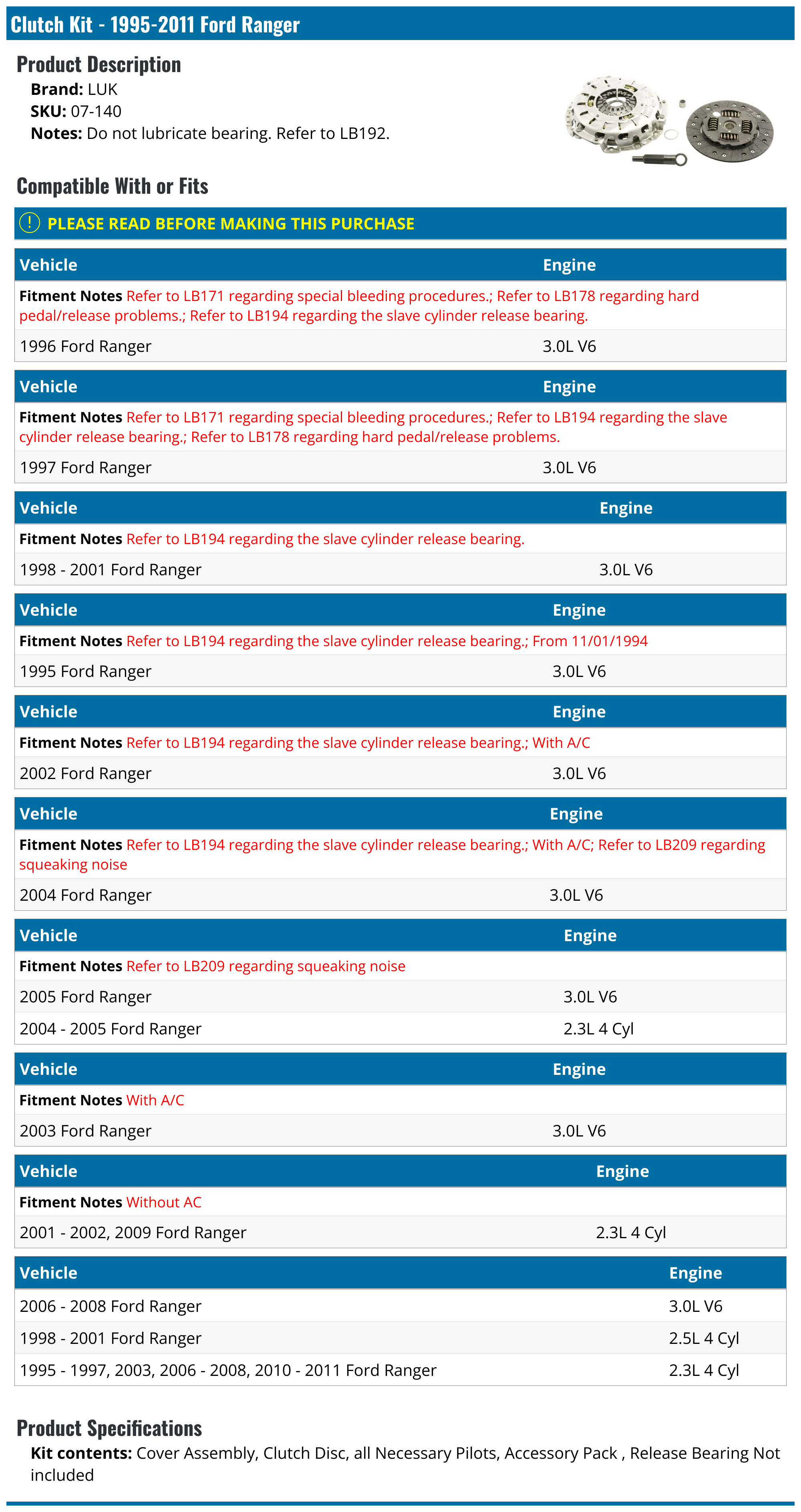 1995-2011 Ford Ranger Clutch Kit - LUK 07-140 - PartsGeek.com