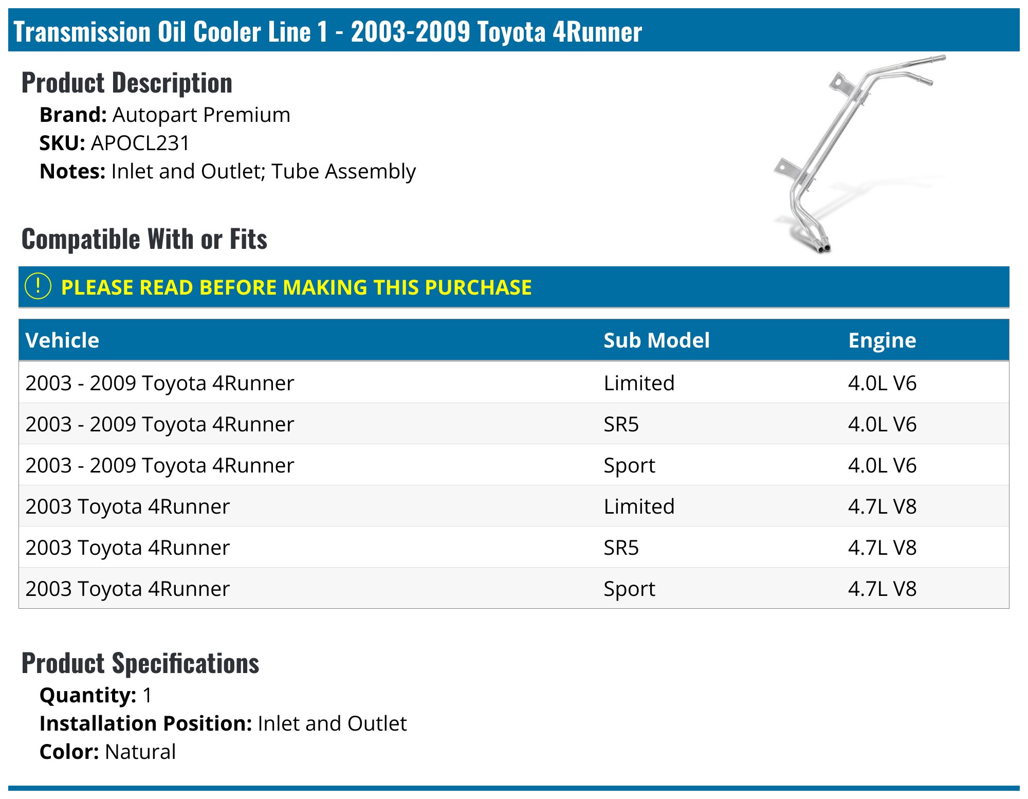 2003-2009 Toyota 4Runner Transmission Oil Cooler Line - Autopart ...