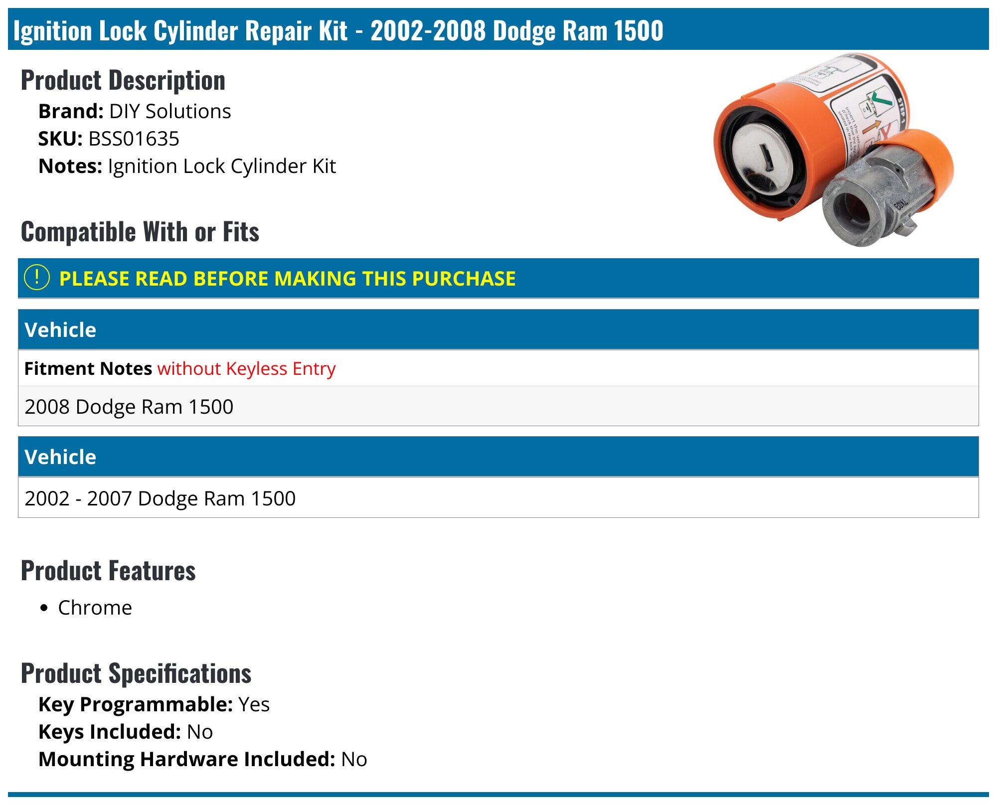 2002-2008 Dodge Ram 1500 Ignition Lock Cylinder - DIY Solutions ...