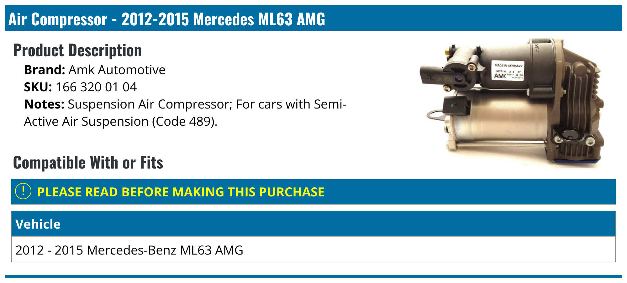 2012-2015 Mercedes ML63 AMG Suspension Compressor - Amk Automotive 166 ...