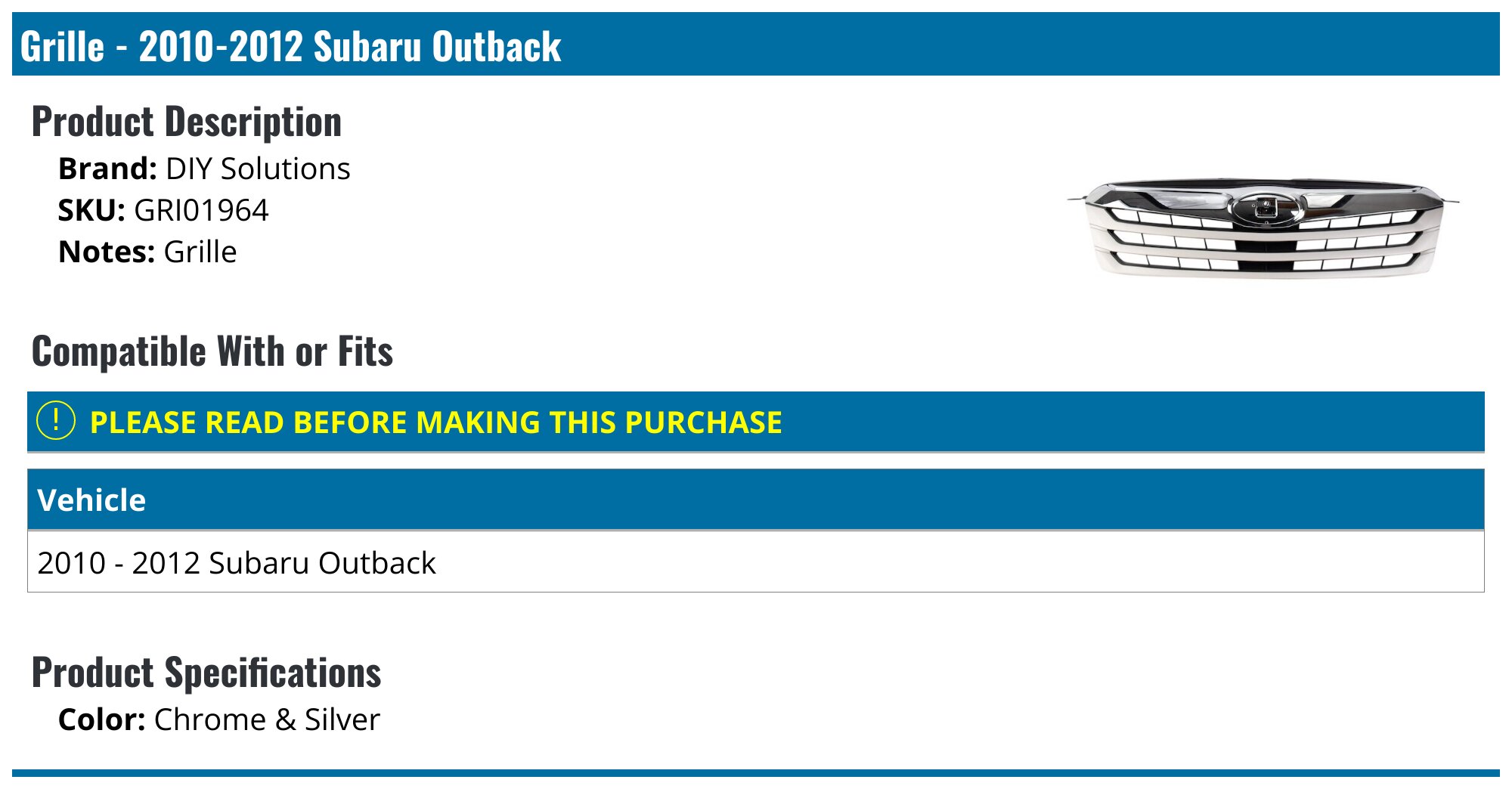 2010-2012 Subaru Outback Grille Assembly - DIY Solutions GRI01964 ...