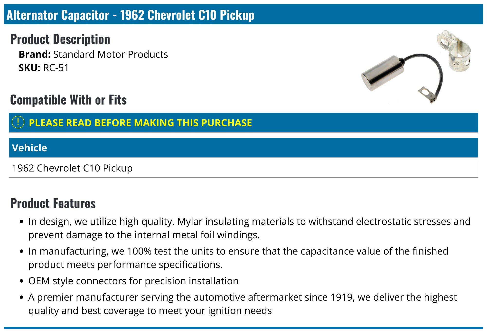 1962 Chevrolet C10 Pickup Alternator Capacitor - Standard Motor ...