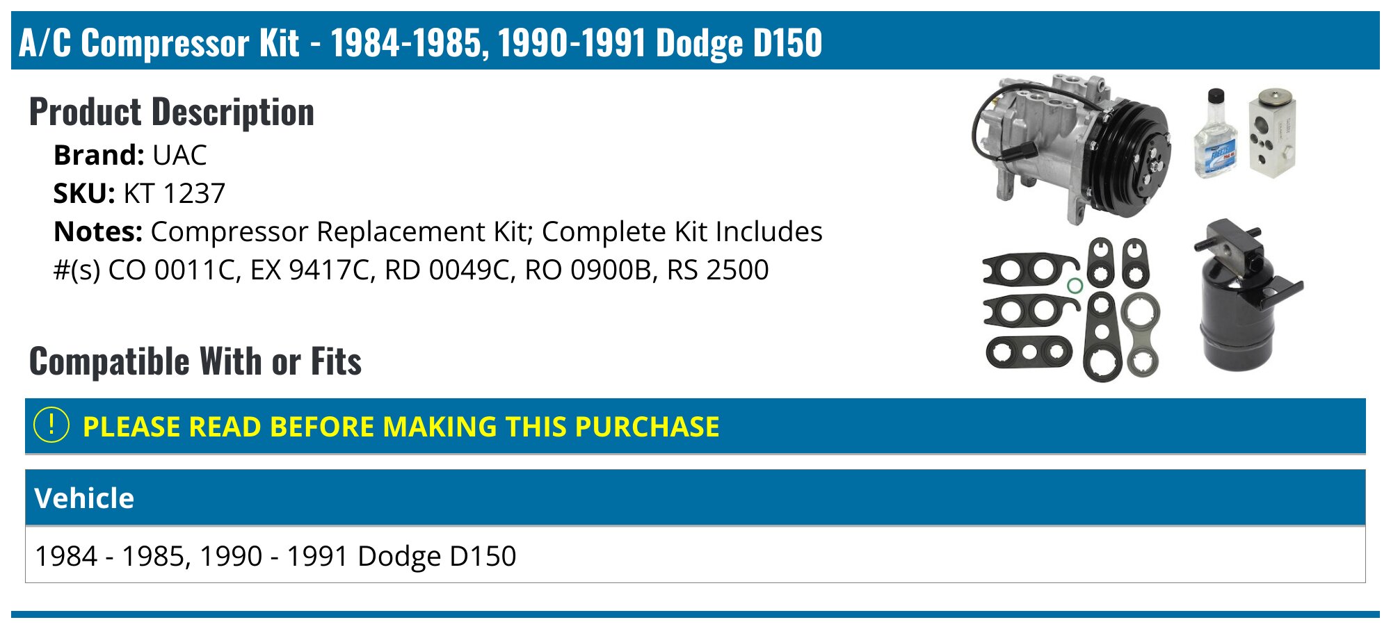 1984-1985, 1990-1991 Dodge D150 A/C Compressor - UAC KT 1237 ...