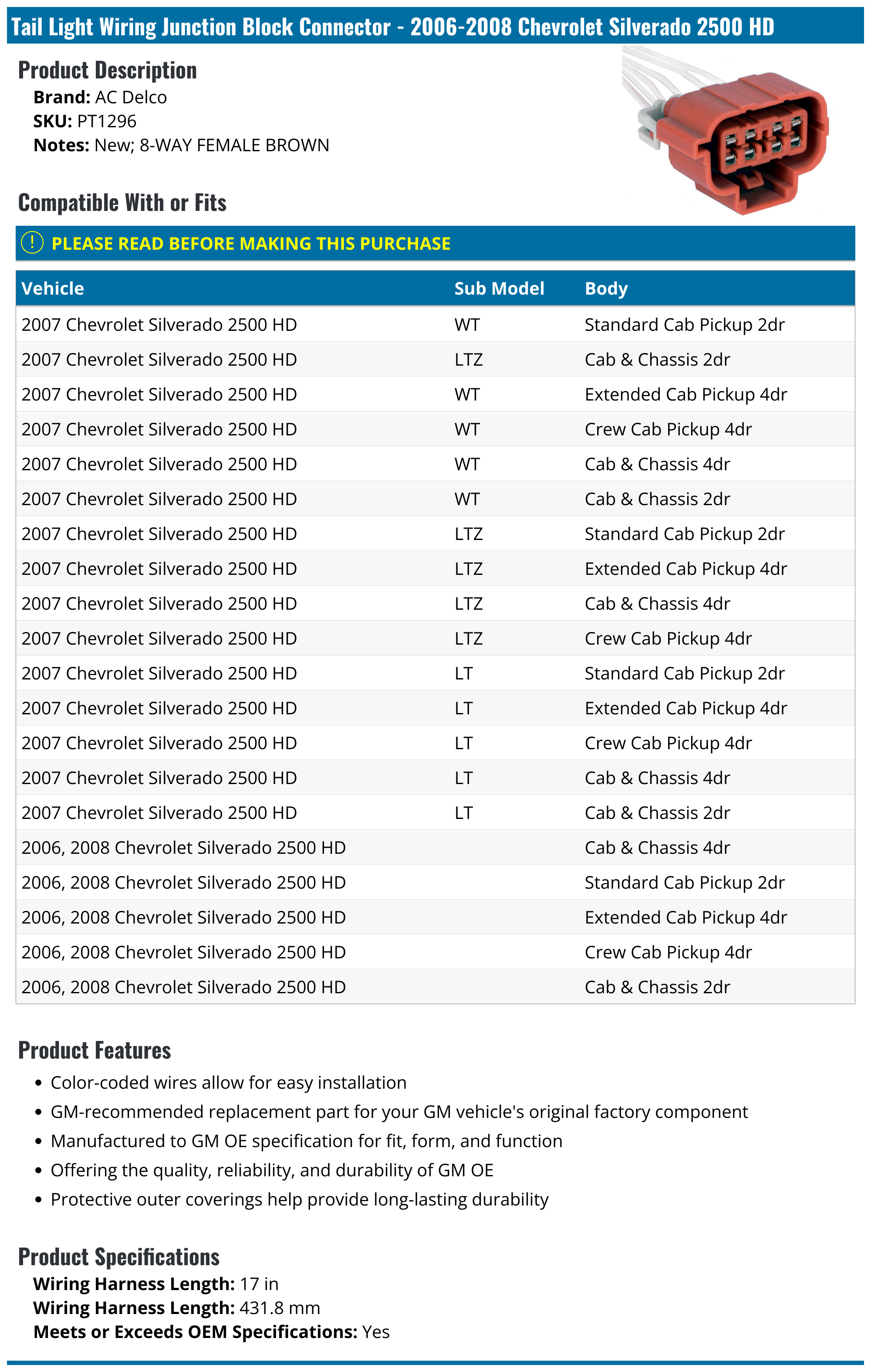 2006-2008 Chevrolet Silverado 2500 HD Tail Light Wiring Junction Block ...