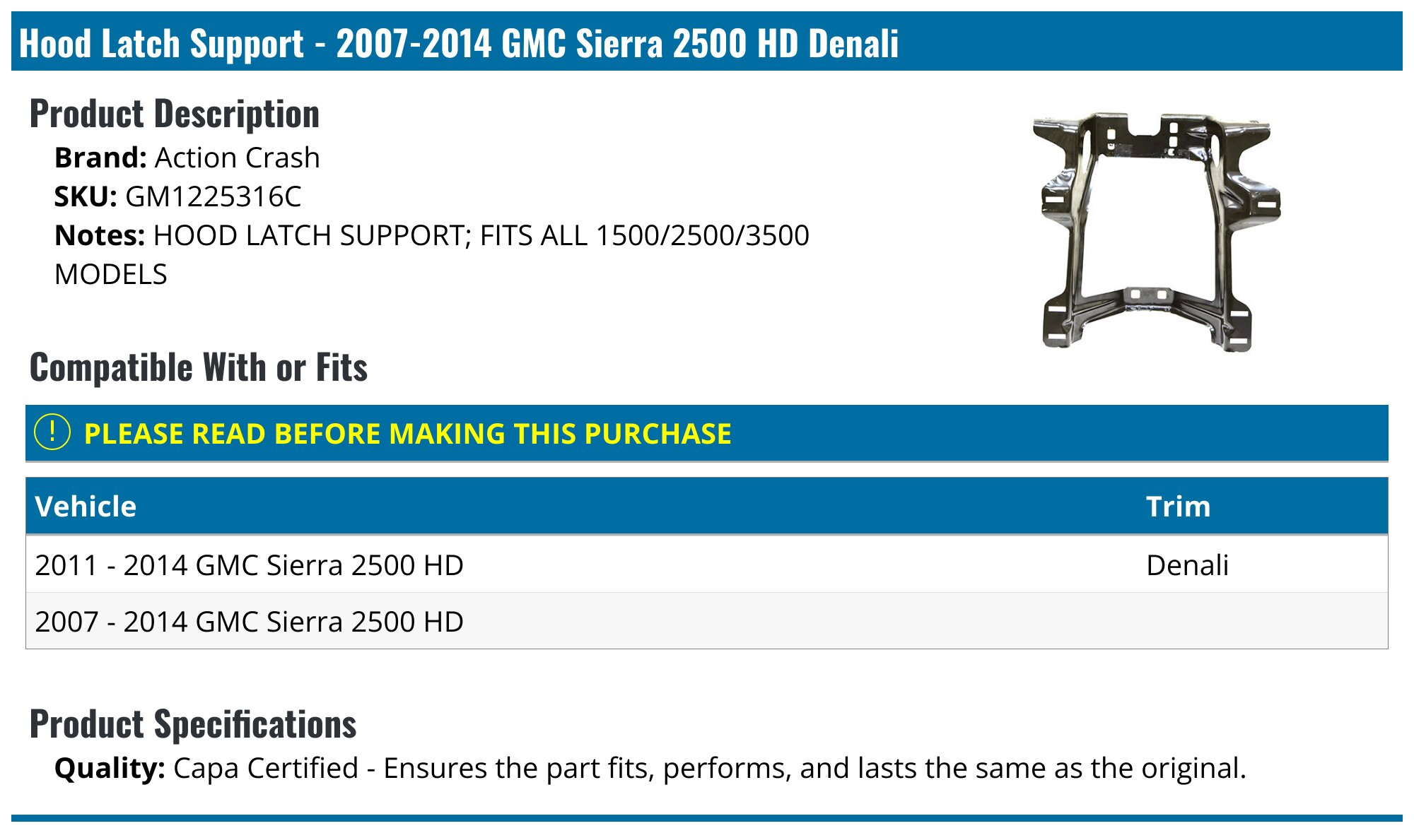2007-2014 GMC Sierra 2500 HD Hood Latch Support - Action Crash ...