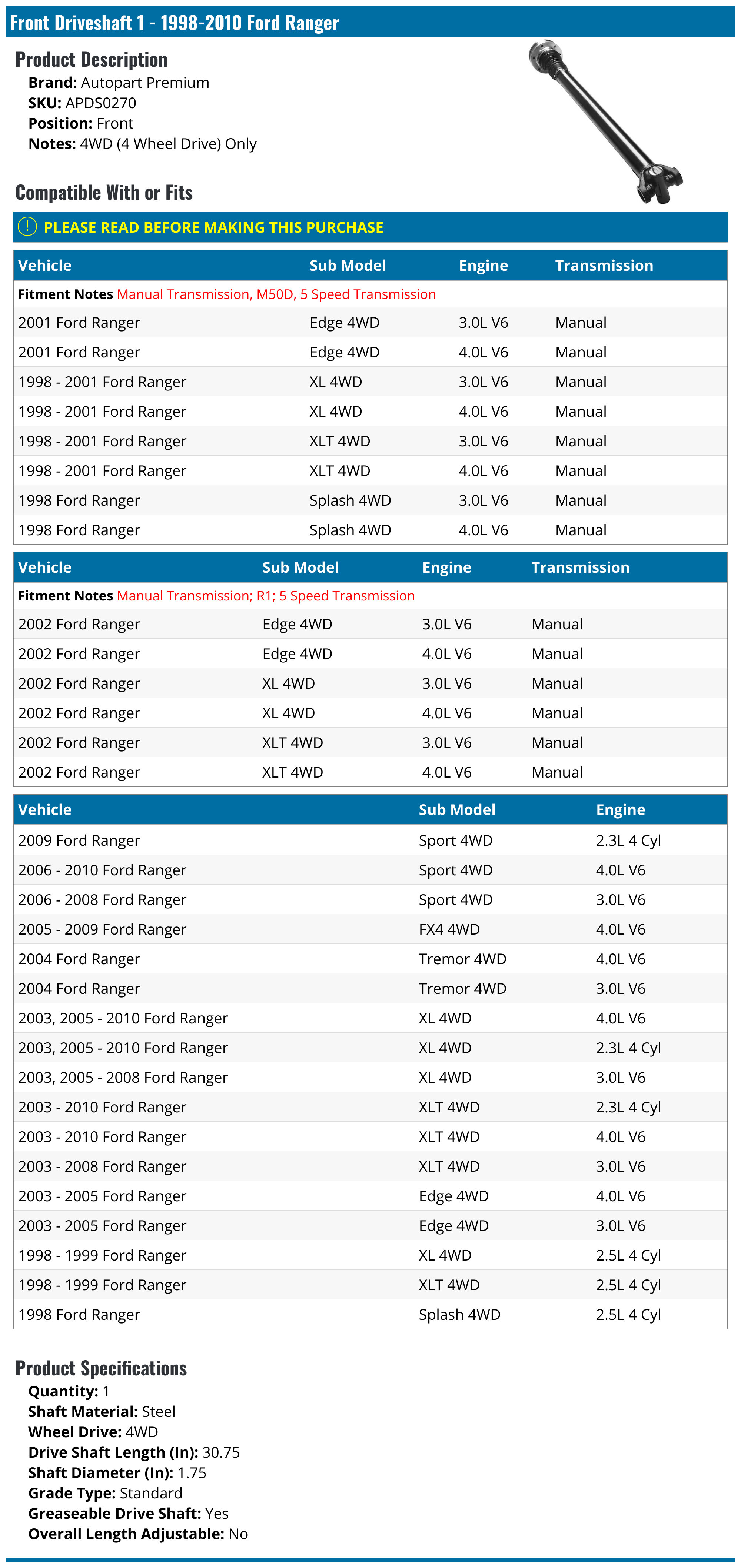 1998-2010 Ford Ranger Drive Shaft - Autopart Premium APDS0270 - Front ...