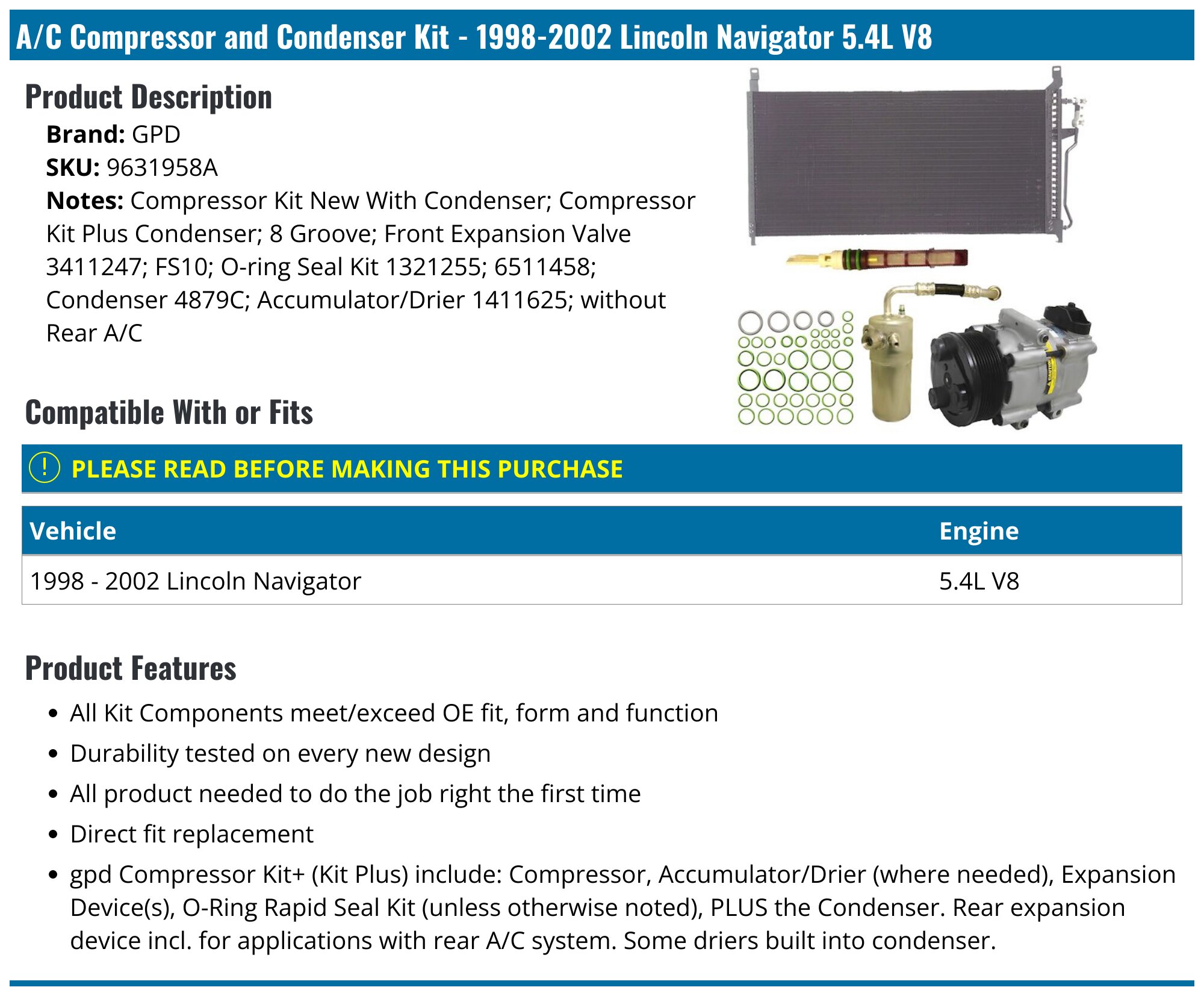 1998-2002 Lincoln Navigator A/C Compressor - GPD 9631958A - PartsGeek.com