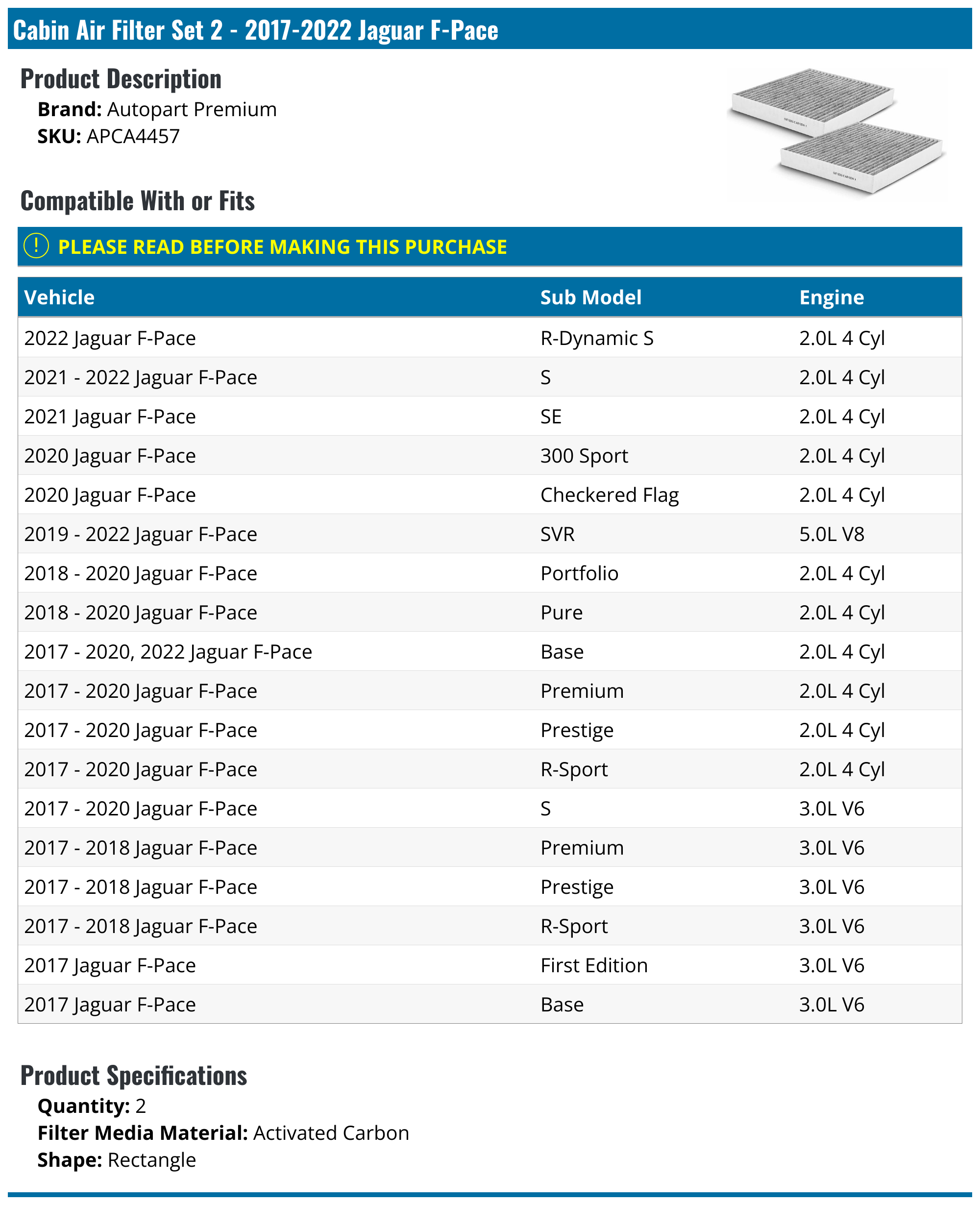 2017-2022 Jaguar F-Pace Cabin Air Filter - Autopart Premium APCA4457 ...