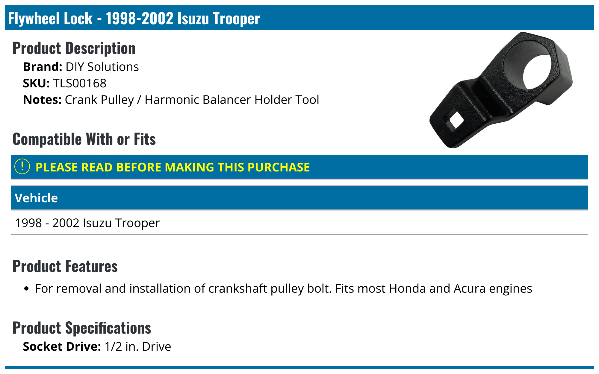 1998-2002 Isuzu Trooper Flywheel Lock - DIY Solutions TLS00168 ...