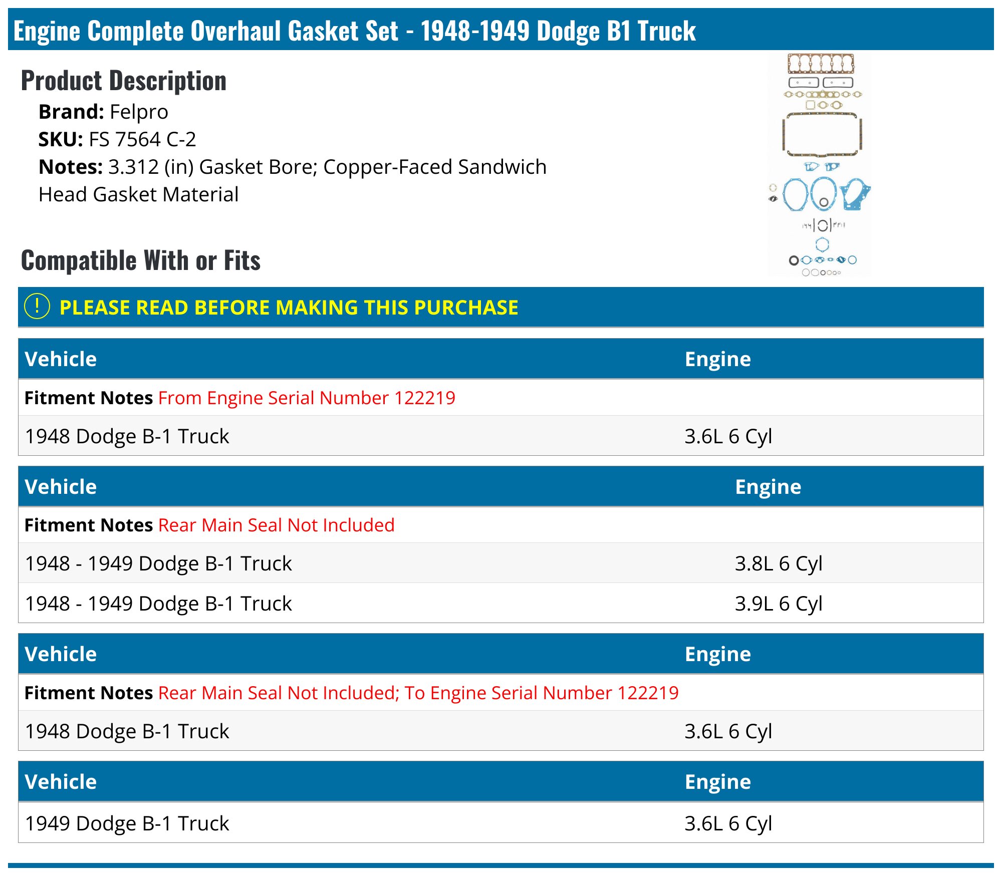 1948-1949 Dodge B1 Truck Engine Complete Overhaul Gasket Set - Felpro ...
