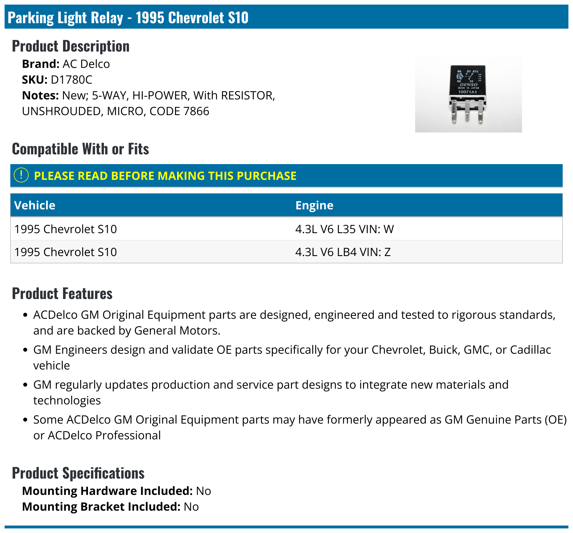 1995 Chevrolet S10 Parking Light Relay - AC Delco D1780C - PartsGeek.com