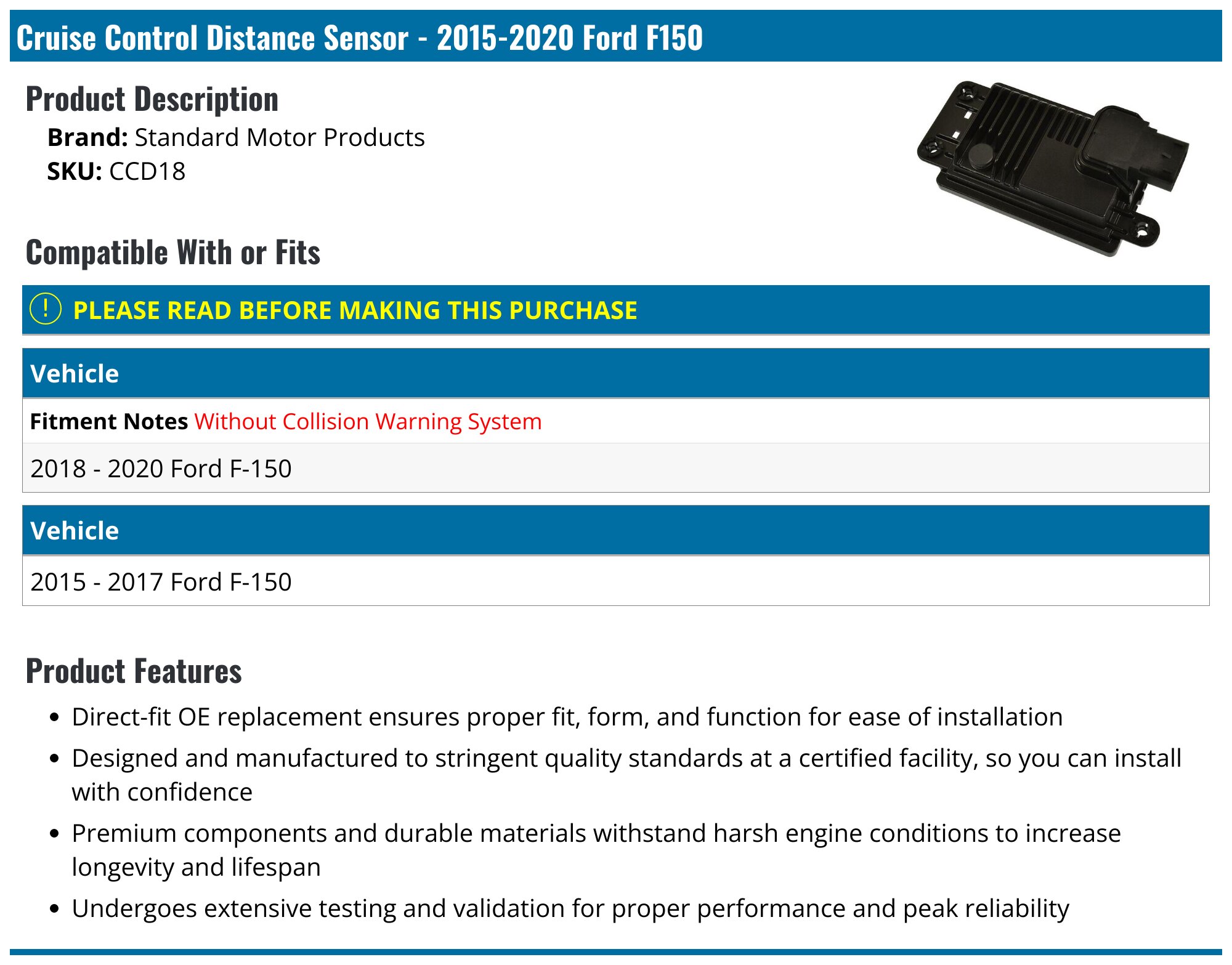 2015-2020 Ford F150 Cruise Control Distance Sensor - Standard Motor ...