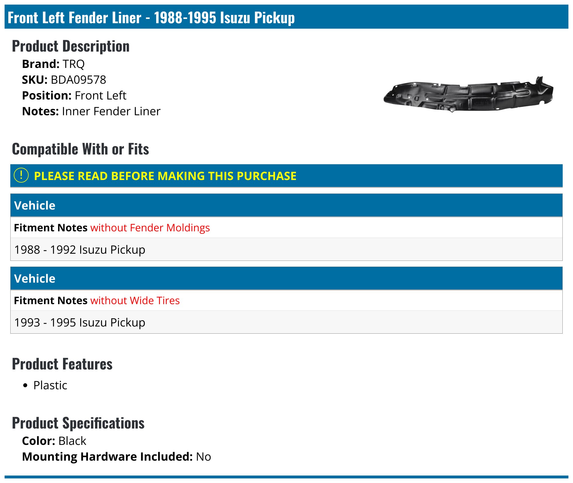 1988-1995 Isuzu Pickup Fender Liner - TRQ BDA09578 - Front Left ...