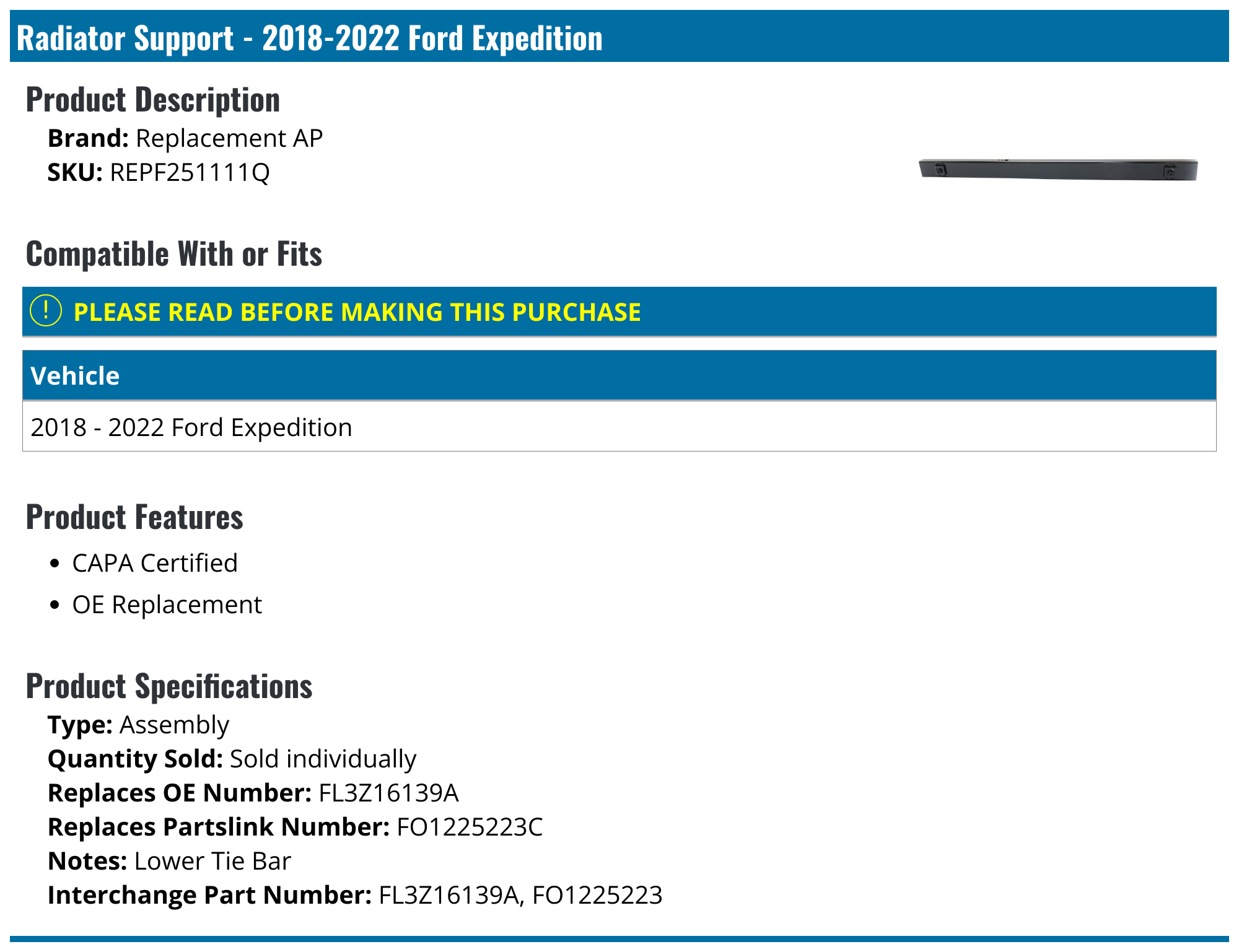 2018-2024 Ford Expedition Radiator Support - Replacement AP REPF251111Q ...