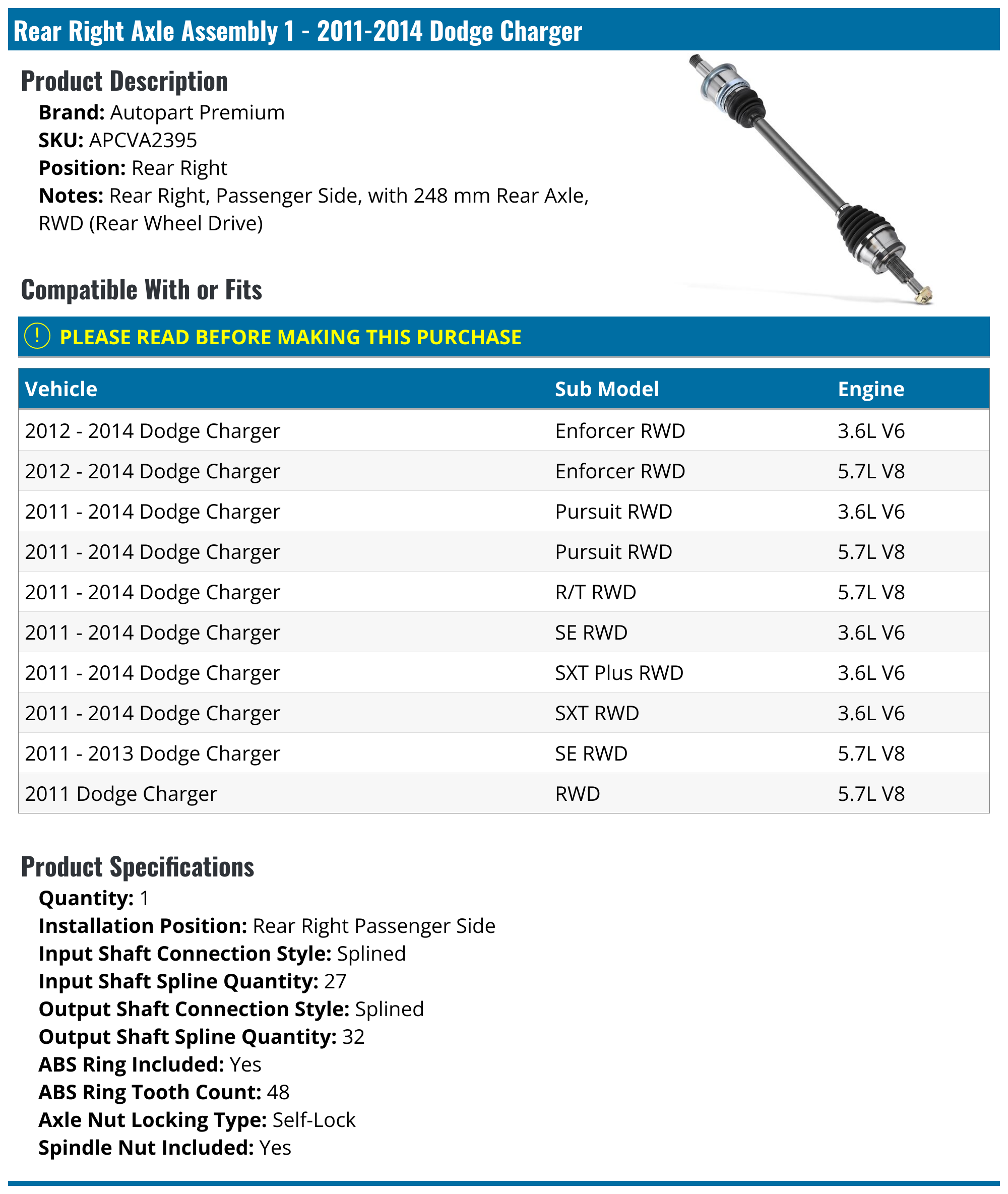 2011-2014 Dodge Charger Axle Assembly - Autopart Premium APCVA2395 ...