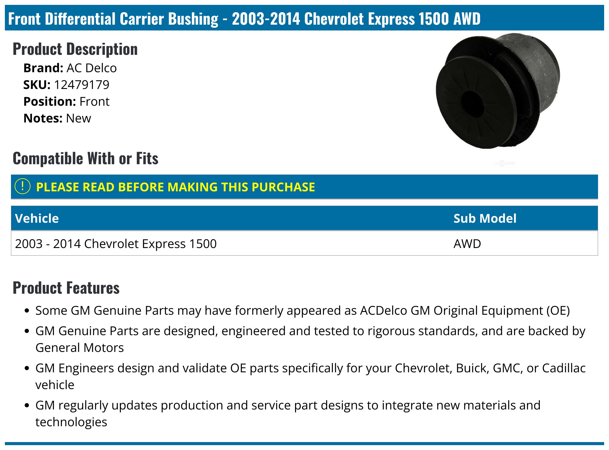 2003-2014 Chevrolet Express 1500 Differential Mount Bushing - AC Delco ...