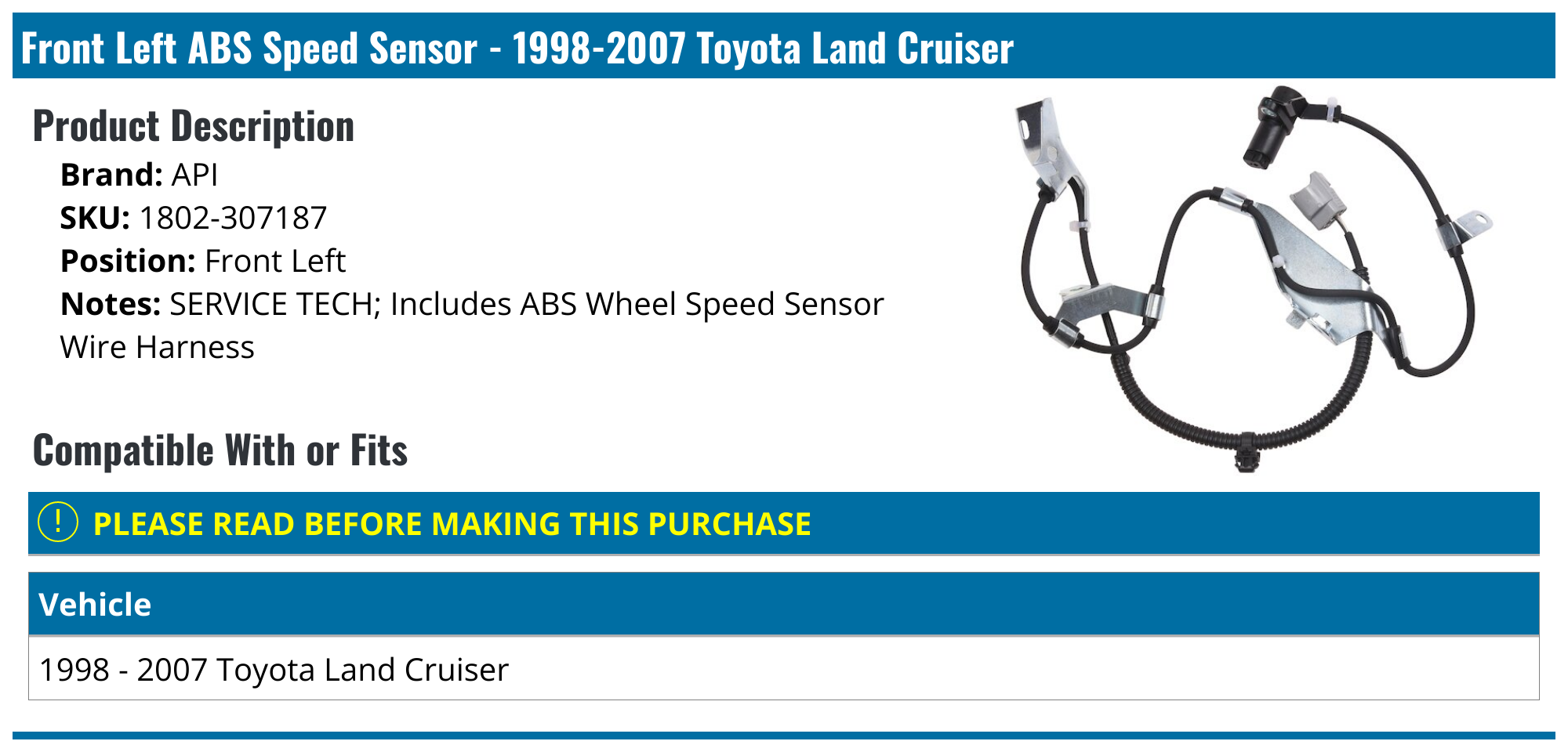 1998-2007 Toyota Land Cruiser ABS Speed Sensor - API 8076-02057643 ...