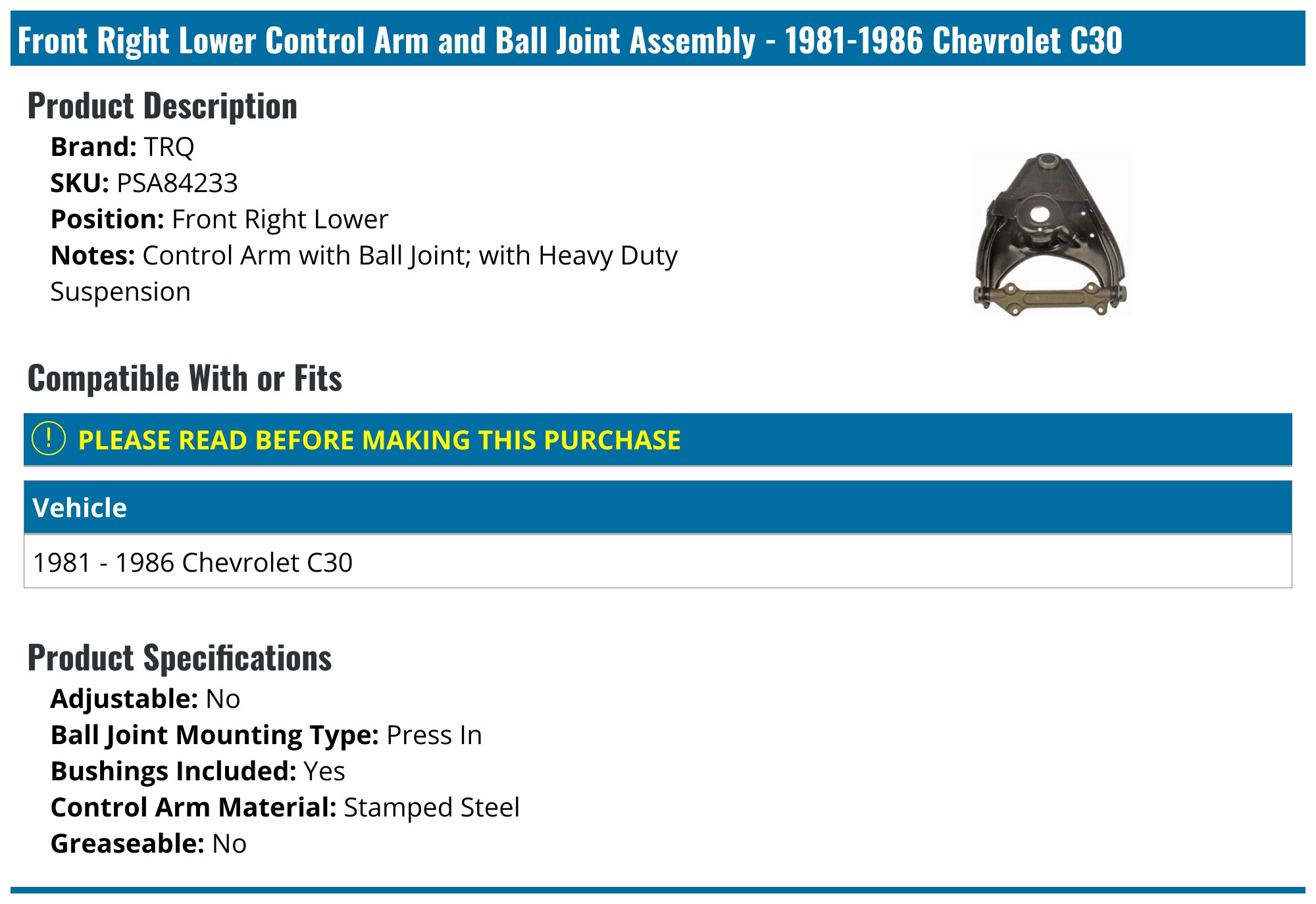 1981-1986 Chevrolet C30 Control Arm - TRQ PSA84233 - Front Right Lower ...