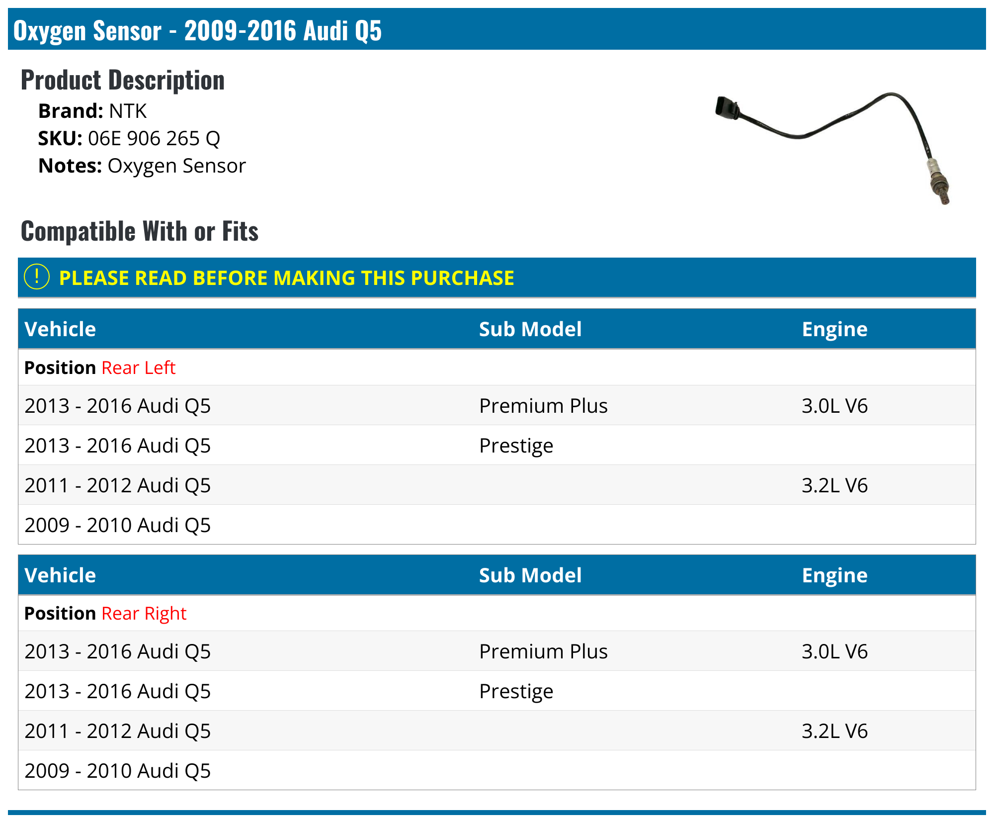 2009-2016 Audi Q5 Oxygen Sensor - NTK 06E 906 265 Q - Rear Right ...