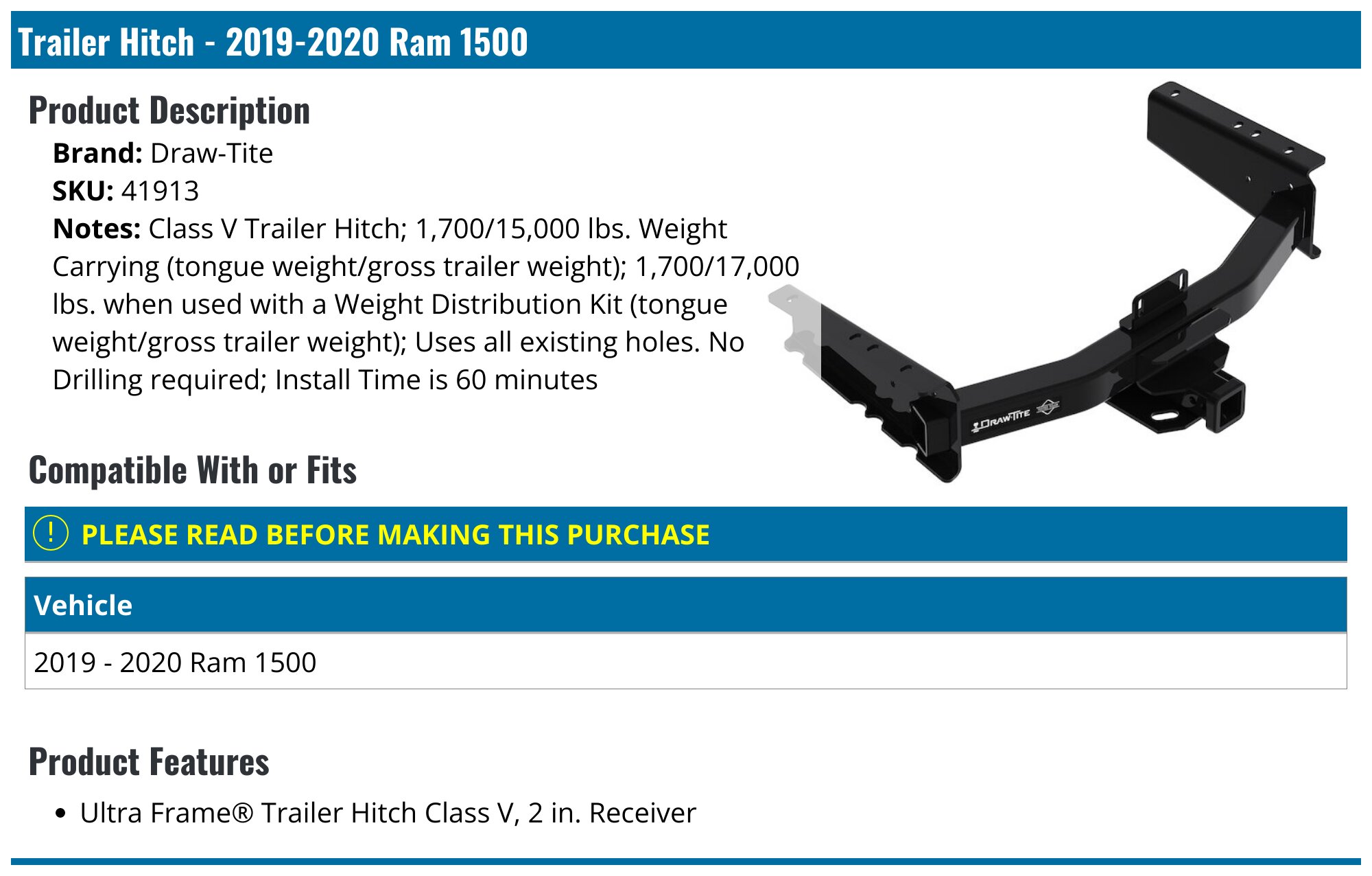 2019-2020 Ram 1500 Trailer Hitch - Draw-Tite 41913 - PartsGeek.com