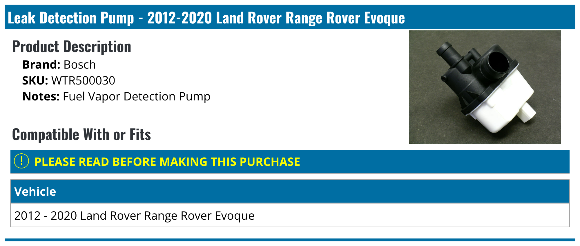 2012-2020 Land Rover Range Rover Evoque Leak Detection Pump - Bosch ...
