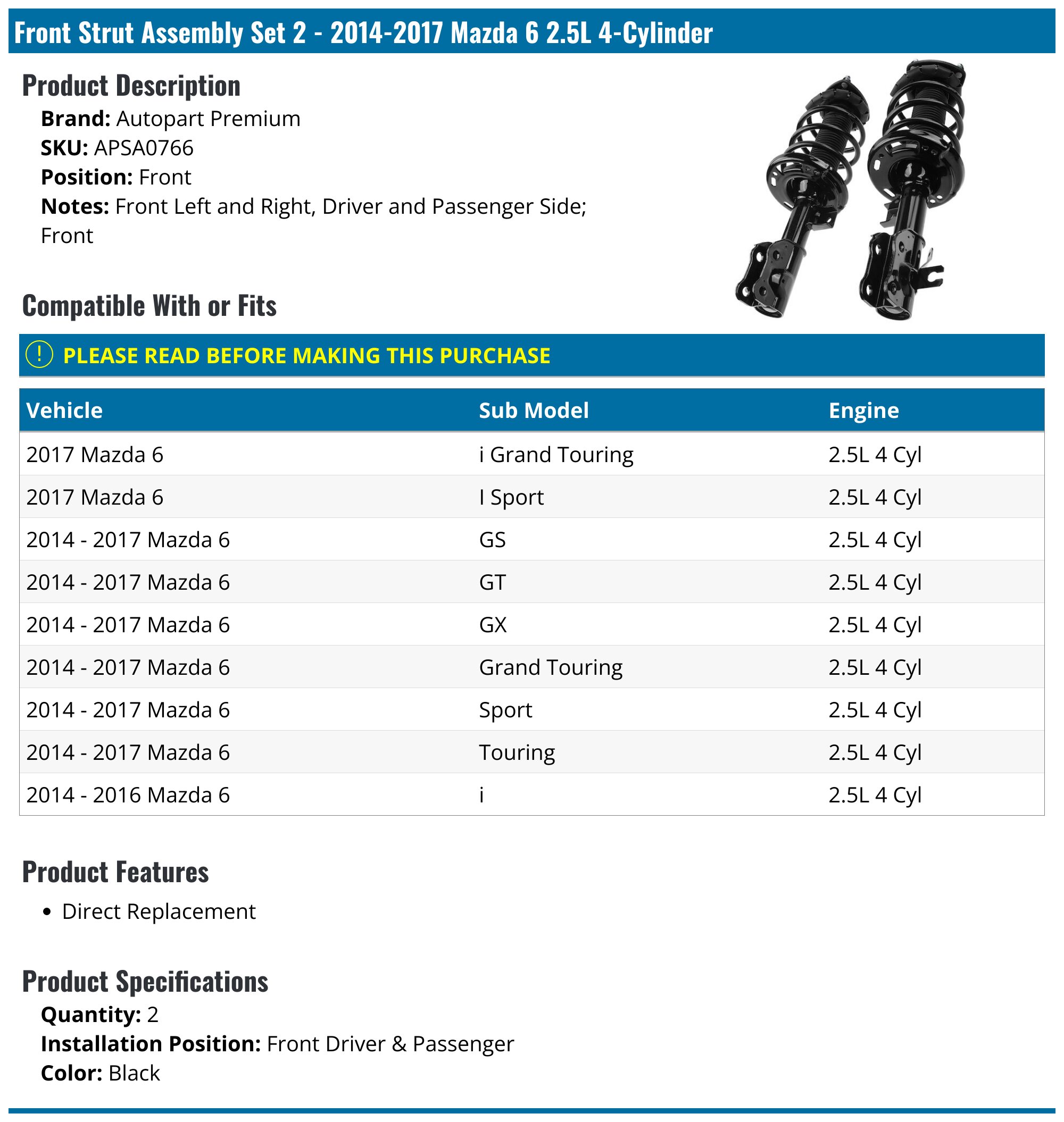 2014-2017 Mazda 6 Strut Assembly - Autopart Premium APSA0766 - Front ...