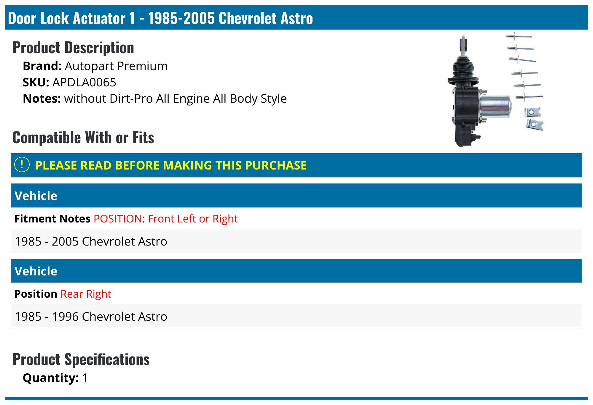 1985-2005 Chevrolet Astro Door Lock Actuator - Autopart Premium ...