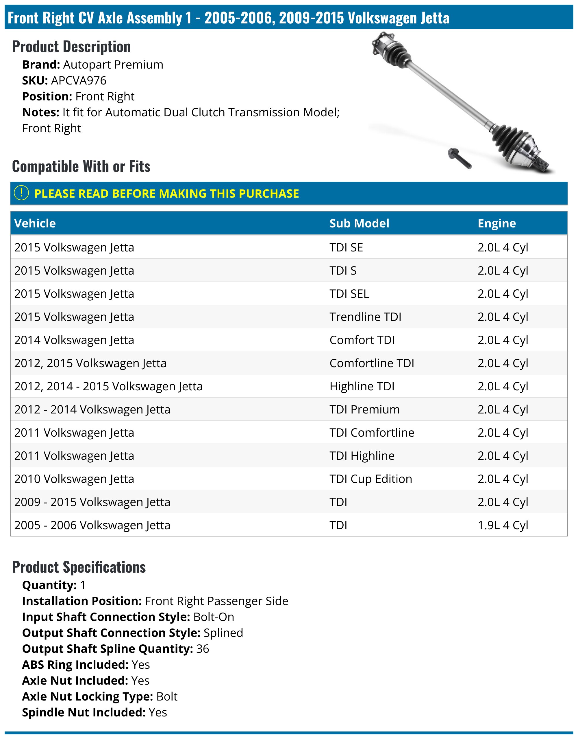 VW Volkswagen Jetta Axle - Drive Axles - API Autopart Premium DriveBolt ...