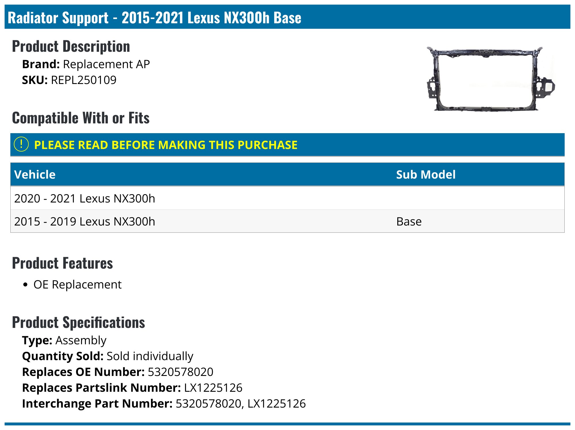 2015-2021 Lexus NX300h Radiator Support - Replacement AP REPL250109 ...