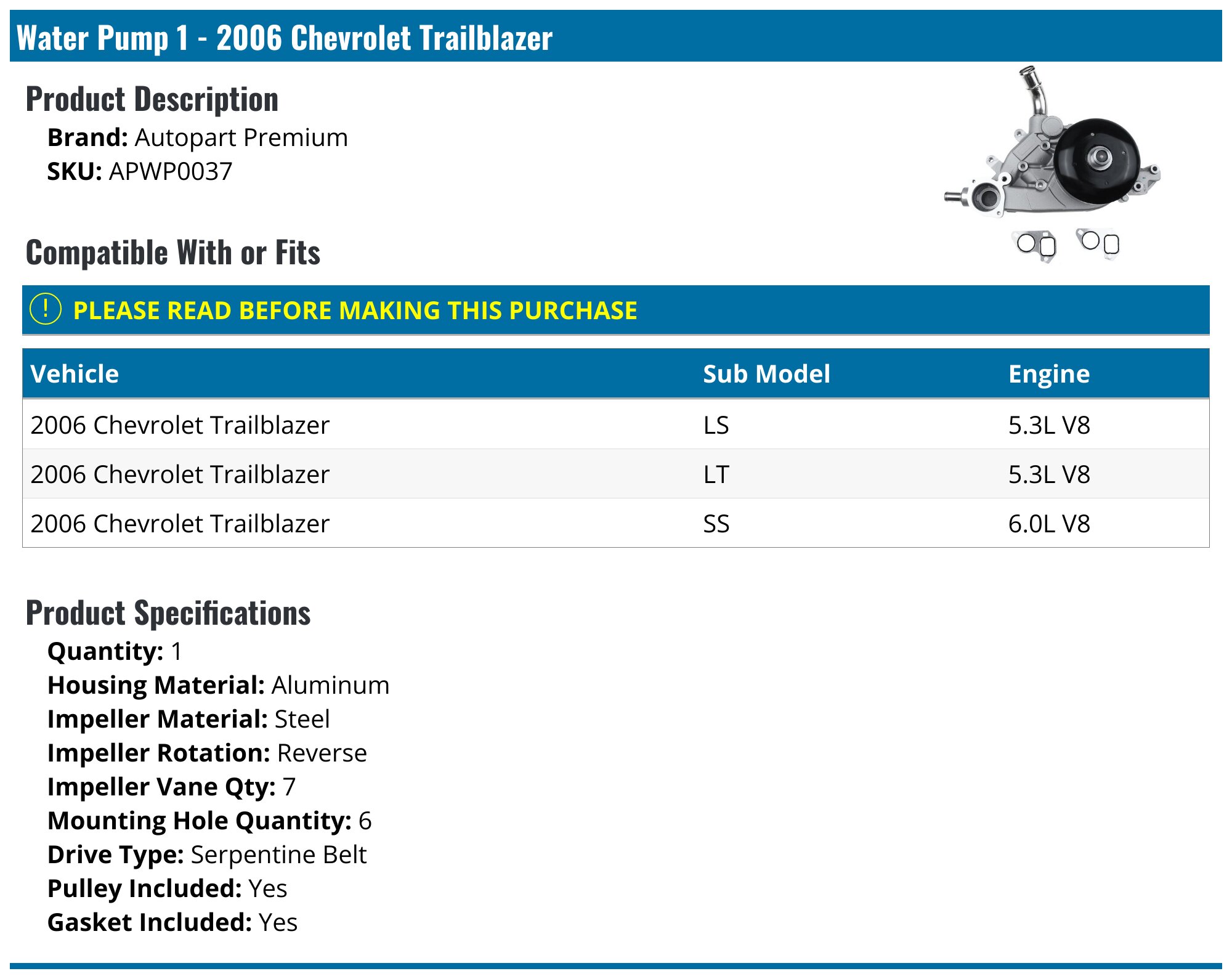 2006 Chevrolet Trailblazer Water Pump - Autopart Premium APWP0037 ...