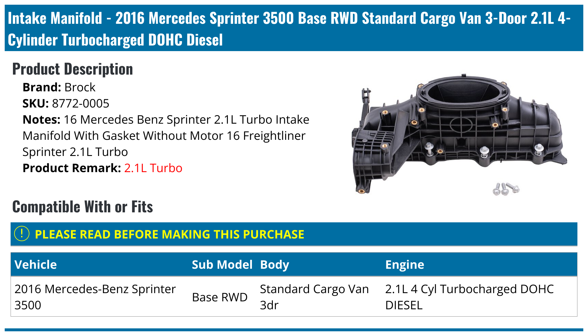 2016 Mercedes Sprinter 3500 Intake Manifold - Brock 8772-0005 ...
