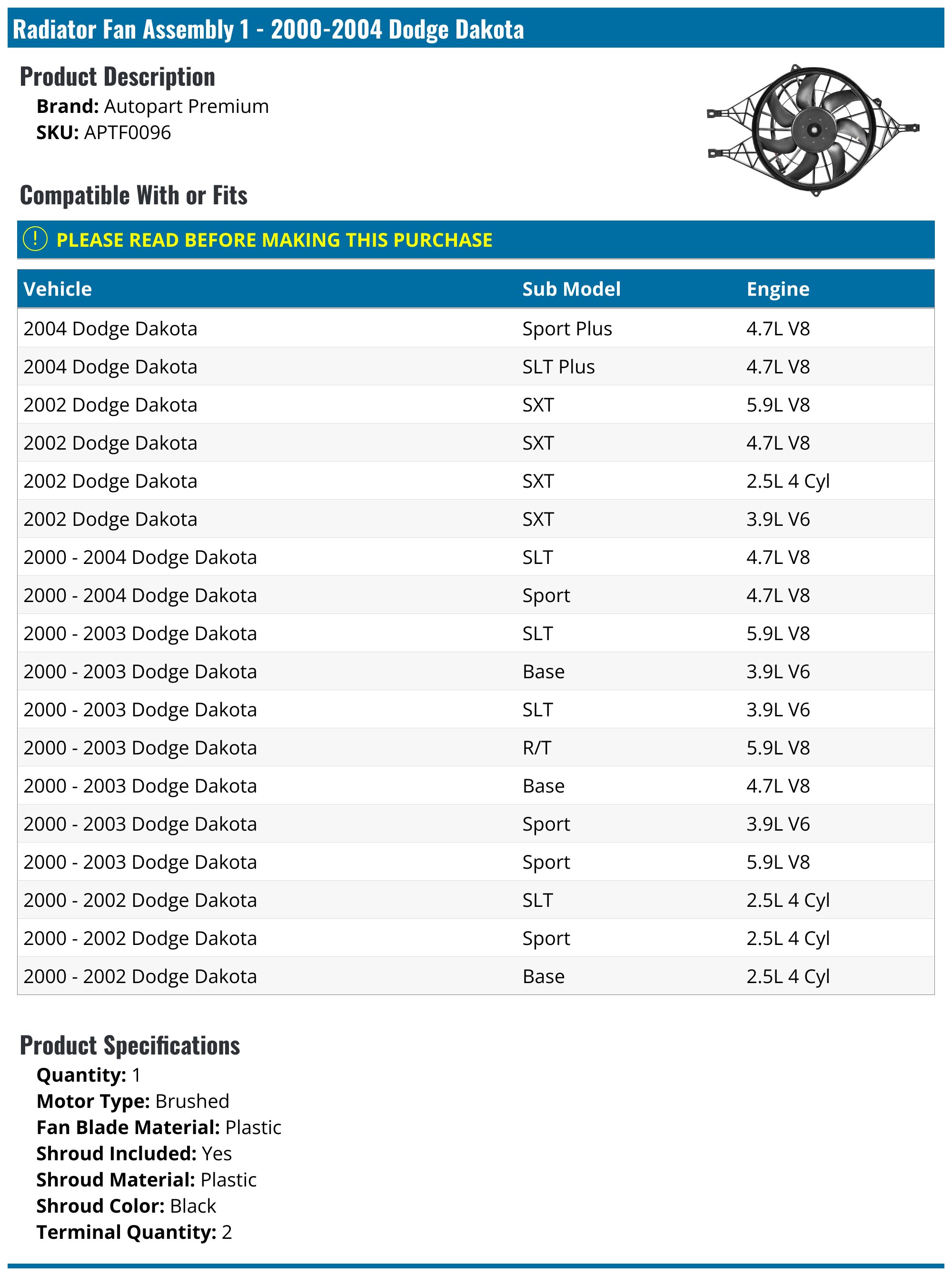 2000-2004 Dodge Dakota Radiator Fan Assembly - Autopart Premium ...