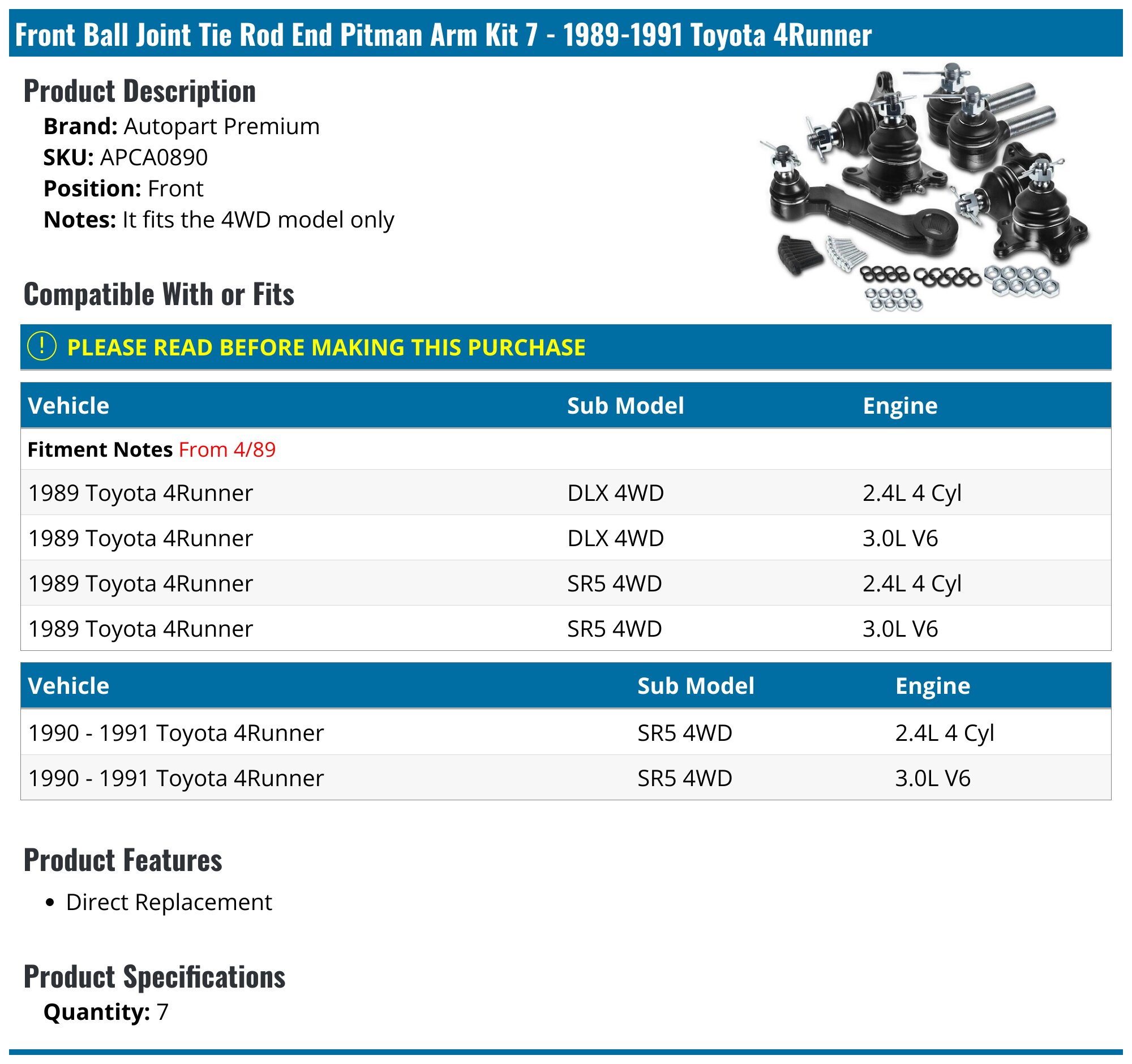 1989-1991 Toyota 4Runner Ball Joint - Autopart Premium APCA0890 - Front ...