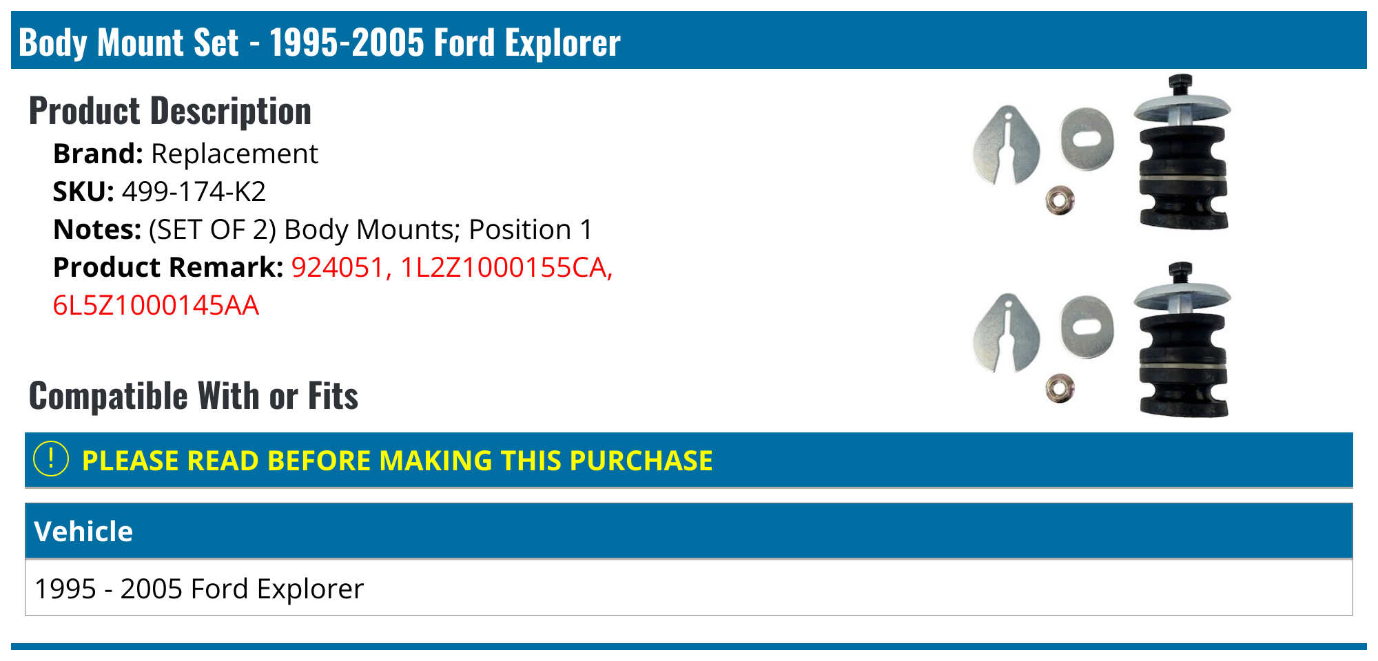 1995-2005 Ford Explorer Body Mount - Replacement 499-174-K2 - PartsGeek.com