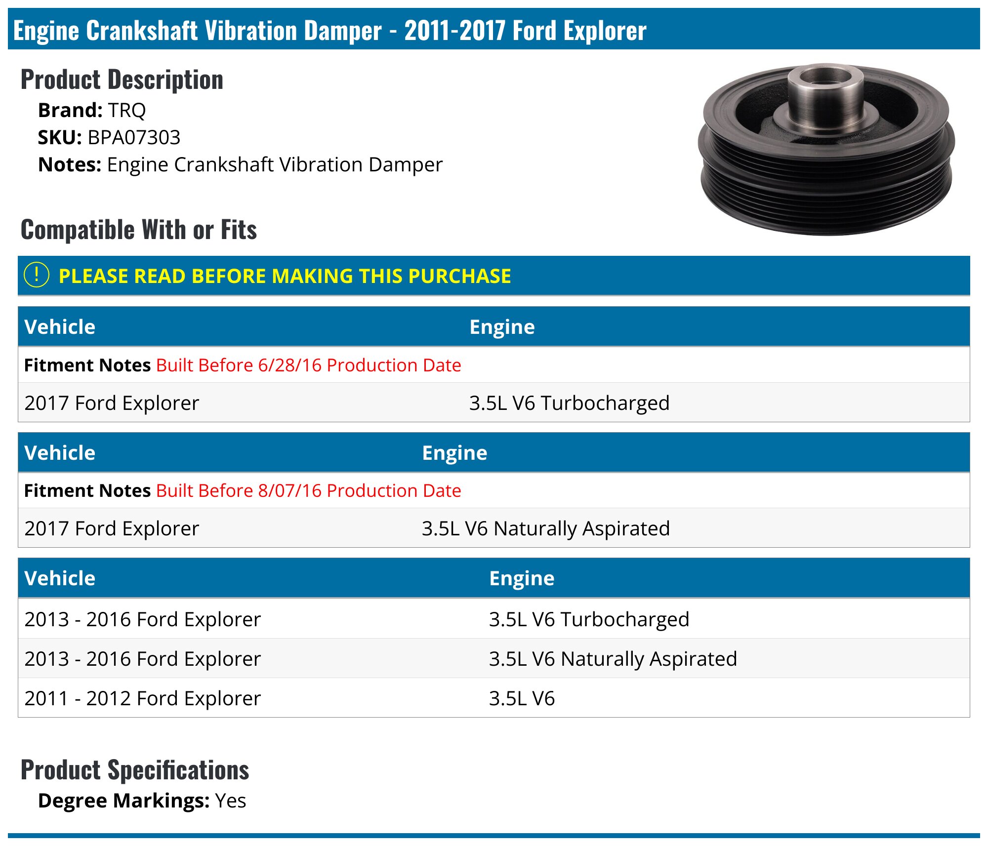2011-2018 Ford Explorer Engine Crankshaft Vibration Damper - TRQ ...