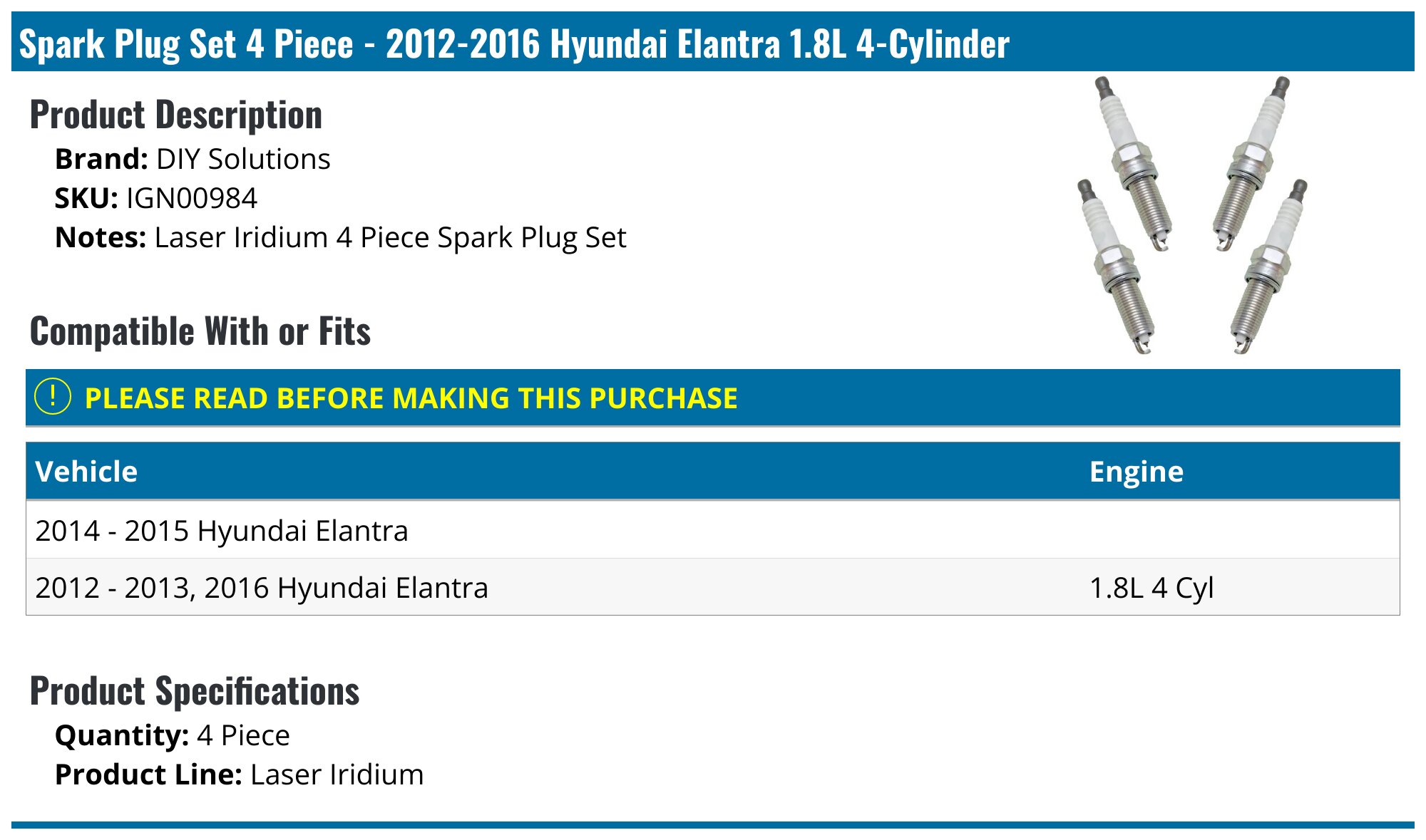 2012-2016 Hyundai Elantra Spark Plug - DIY Solutions IGN00984 ...
